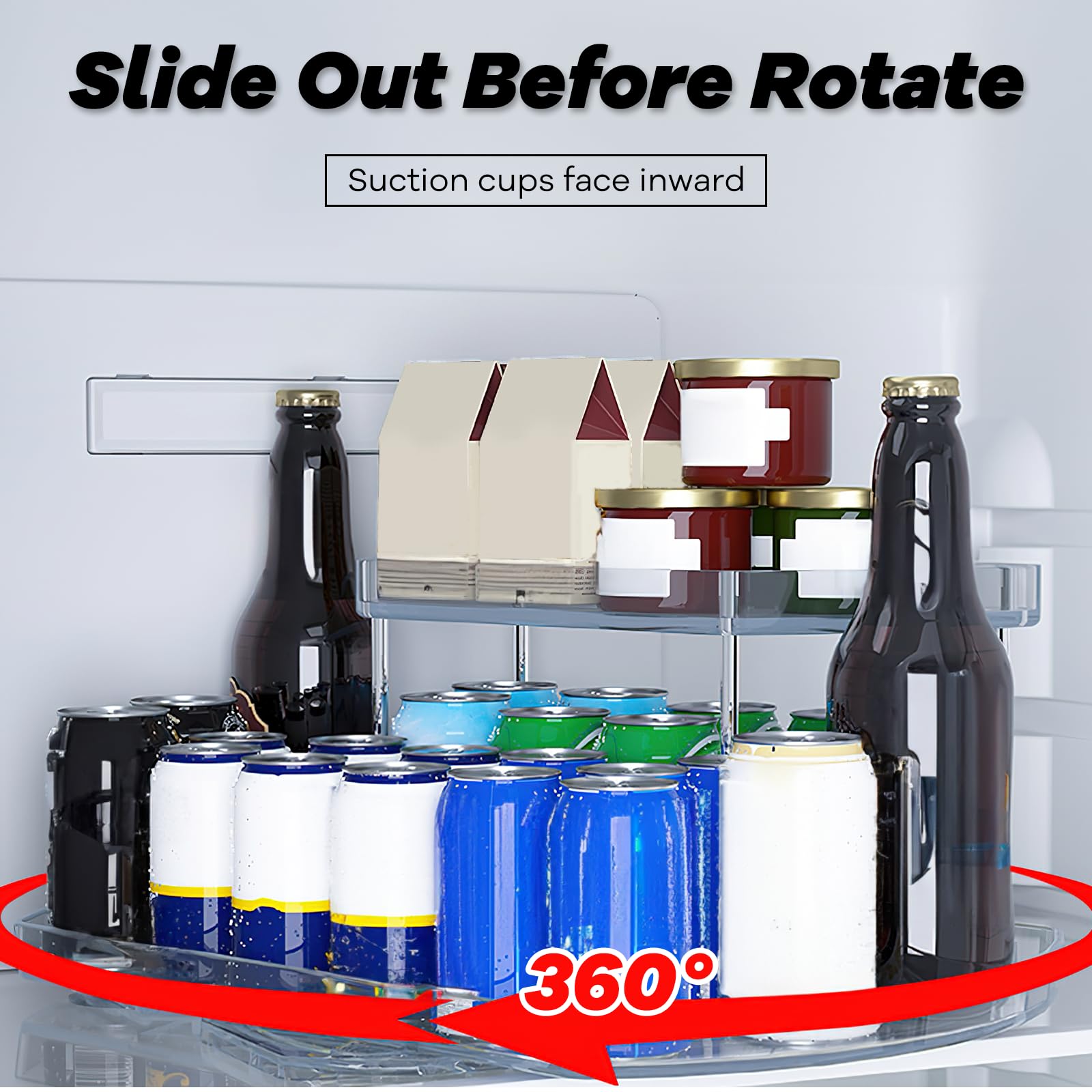 YZHDUXIU 2-Tiers 360 Rotating Lazy Susan Turntable Organizer for Refrigerator, Rectangular Transparent Fridge Organizers and Storage, Large Capacity Lazy Susans for Refrigerator Cabinet, Countertop