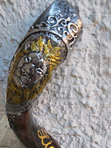 Shofar Yemenite Kudu Horn 38''+ with Sterling Silver Plated + 3D Decorated of - Lion of judah - Authentic Curved Made In Israel
