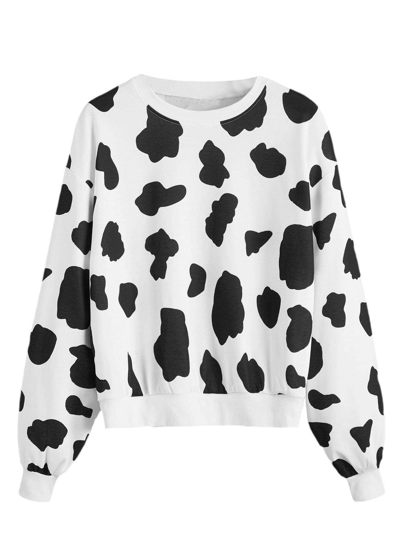 Verdusa Women's Long Sleeve Cow Print Drop Shoulder Pullover Sweatshirt Top Black&White L
