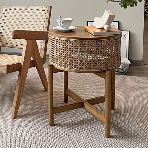 Sofa Side Table Couch Table Solid Wood Round End Table with Rattan Storage Basket, Rustic Side Table Sofa Side Table,Small Round Nightstand,Small Coffee Table for Living Room Bedroom End Table Coffee