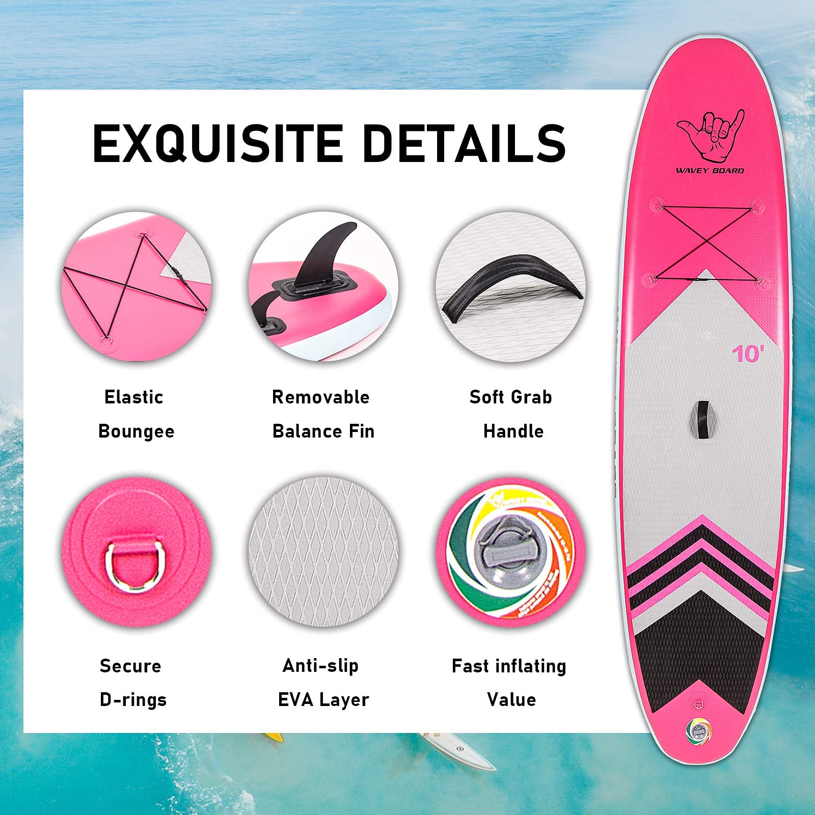 WAVEY BOARD Inflatable 10' Stand Up Paddle Board for Adult Premium SUP Blow up Paddle Board for Youth Kids (6" Thick) with ISUP Accessories Backpack Bag, Pump, Adjustable Paddle, Pink