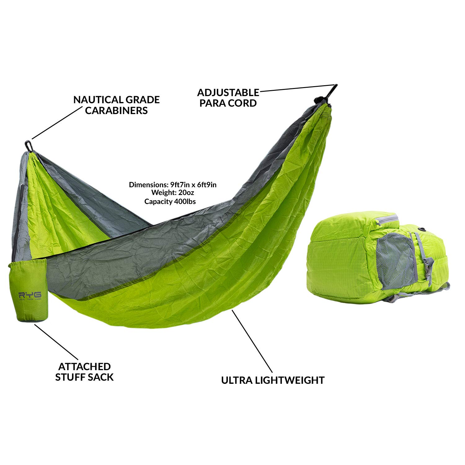 RYG Lightweight Packable Daypack Backpack with Portable Hammock Set for Camping Travel and Outdoor Hiking Day Trips (Neon Green)