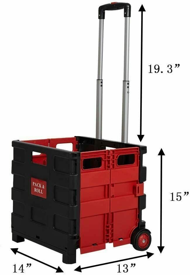 Shopping Cart Folding Basket Utility Cart Plastic Collapsible Trolley Rolling Wheels Utility (Red)