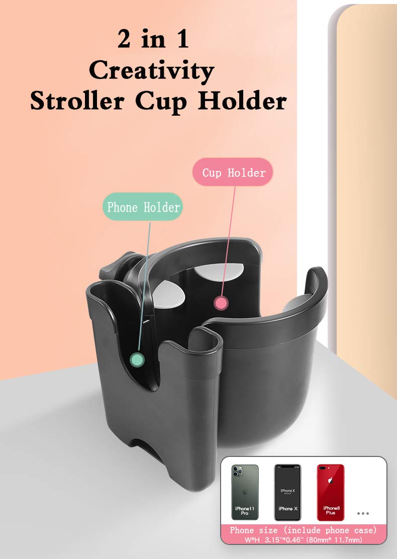 Walker Cup Holder-2 in 1 Universal Baby Stroller Cup Holders,Large Caliber Designed with Phone Holder, 360 Degrees Rotation Bottle Rack Holder for Baby Stroller, Buggy,Pushchair,Wheelchair, Walker