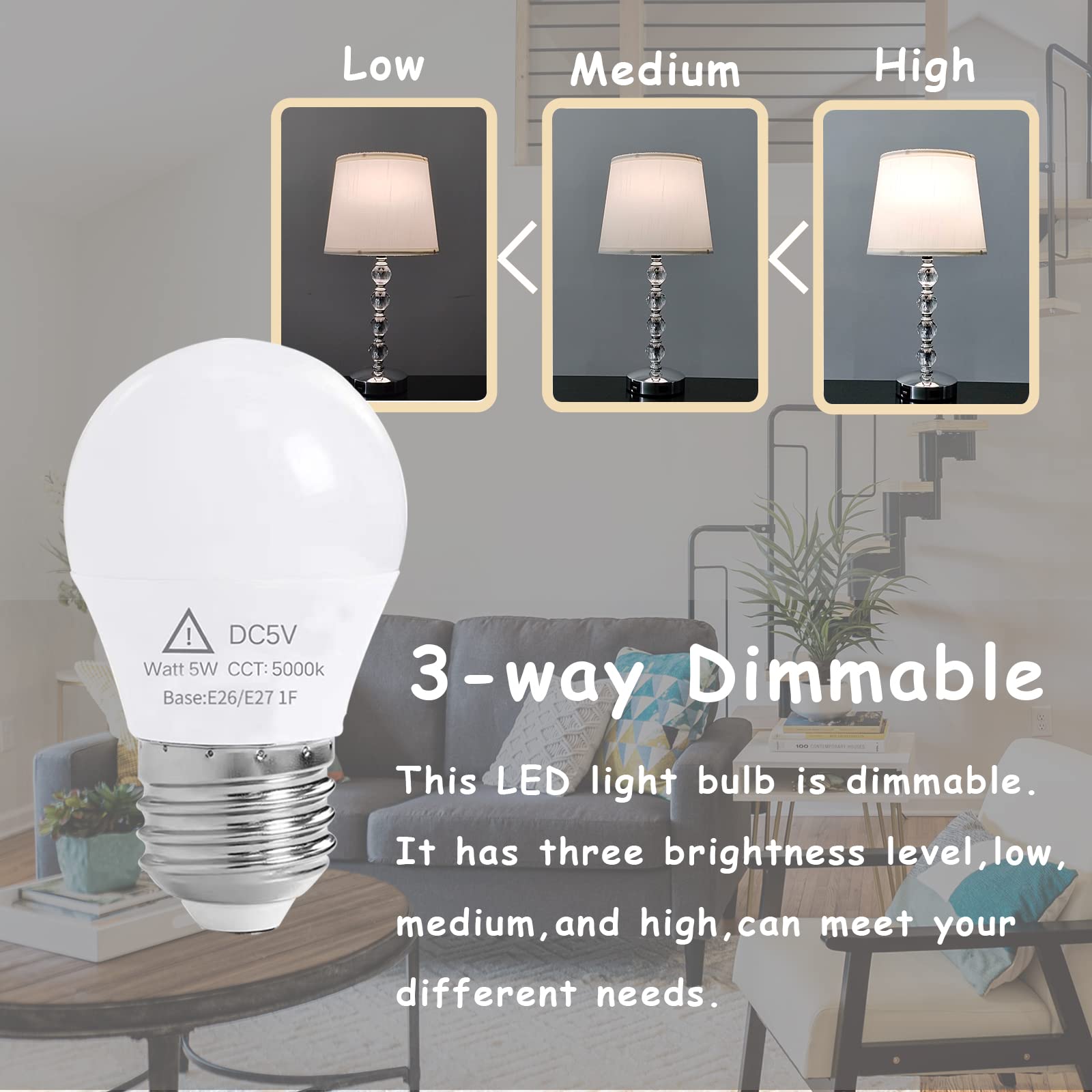 Unfusne DC5V LED Light Bulbs 5W, 450lm,E26,5000K Daylight White Light Bulbs for Low-Voltage Lamps, Energy Saving Bulbs(2Pack)