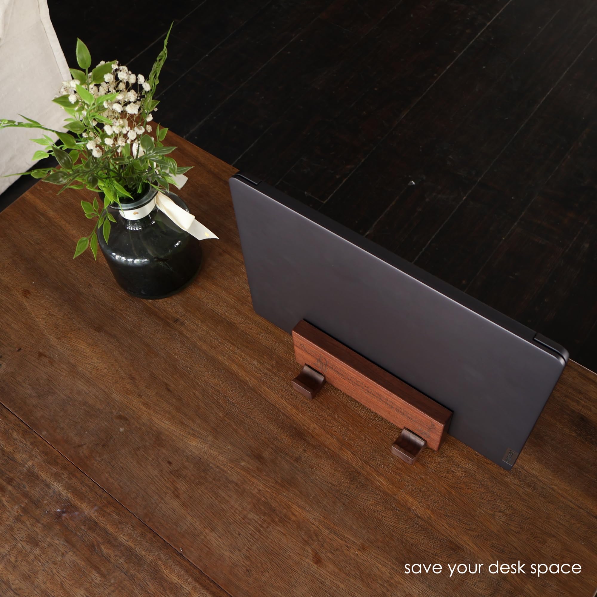 Vertical Laptop Stand for Desk,Resizable Wooden Laptop Holder,Suitable for laptops of various thicknesses and sizes.laptop holder vertical.It can accommodate at least 3 devices . (black walnut)