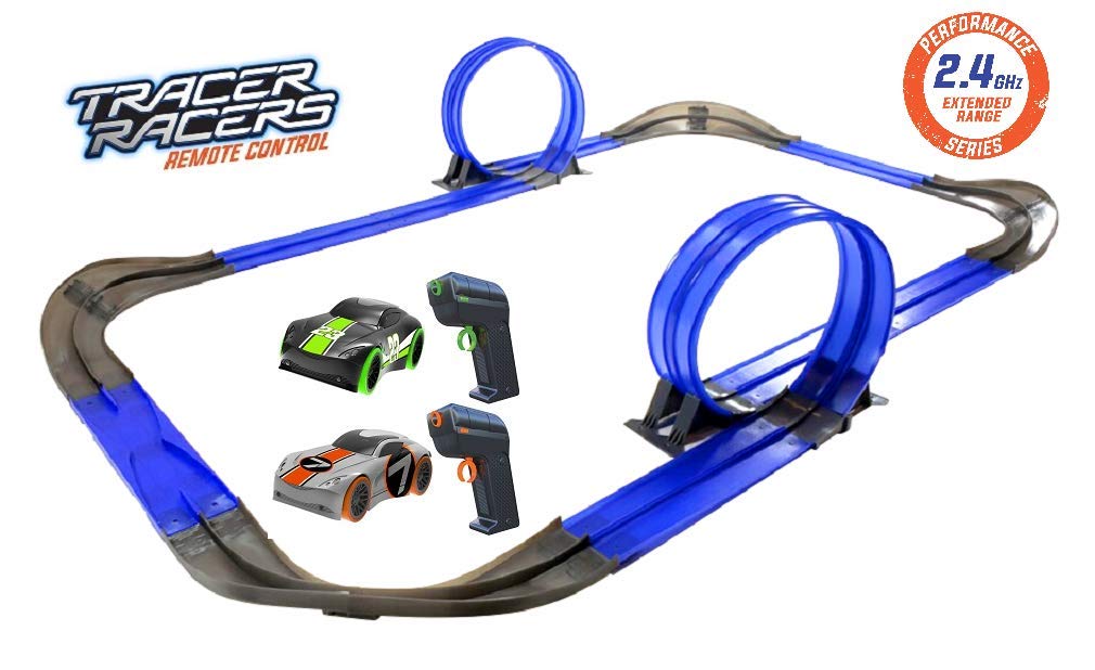 Tracer Racers 2.4 GHz Radio Control Remote Slot-less, Cordless Racing Super Loop Speedway Track Set with Two Cars