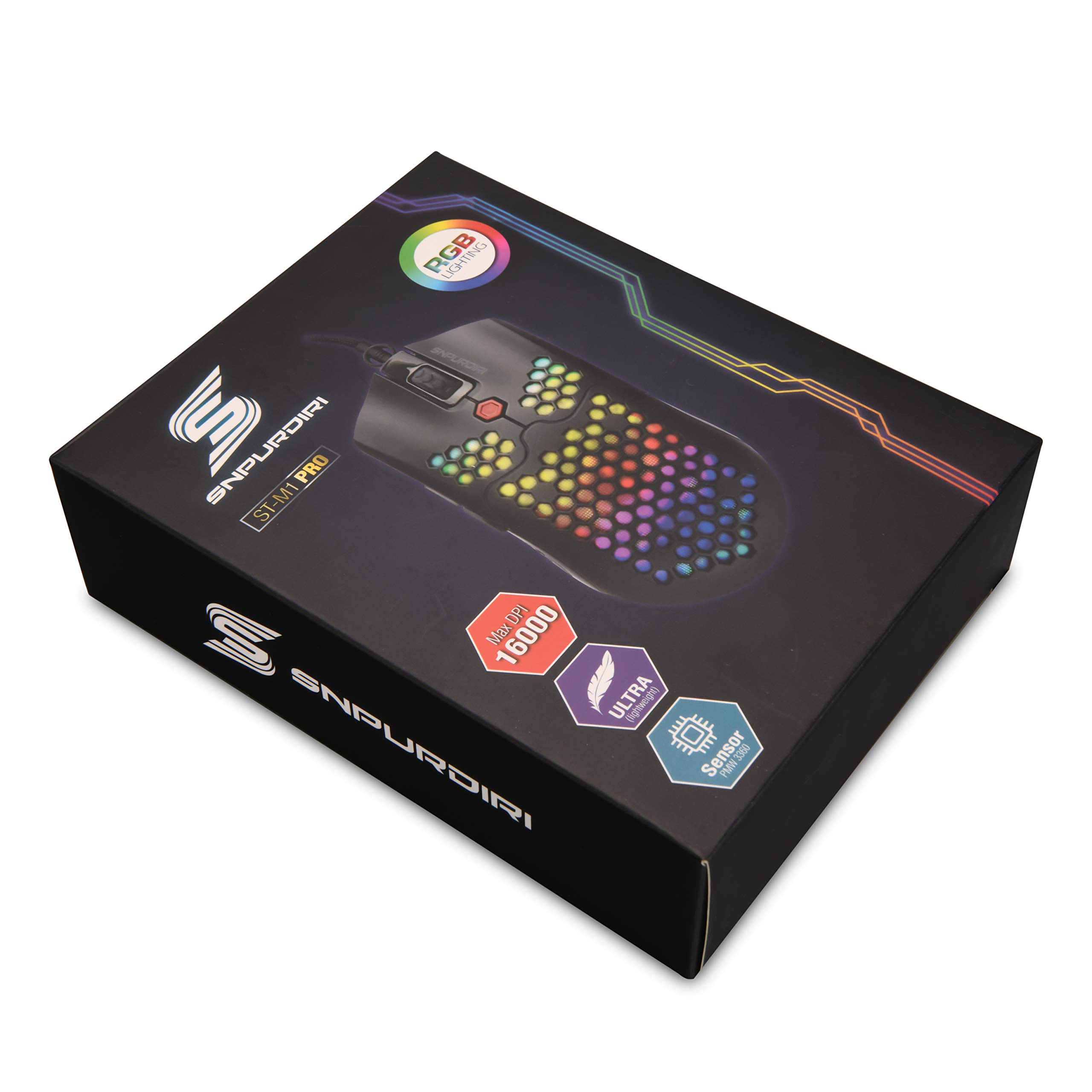 Snpurdiri ST-M1 PRO Ultra Lightweight Honeycomb Shell Wired RGB Gaming Mouse - PMW3360 16000DPI Mice | 7 Buttons Programmable Driver - 65g Only