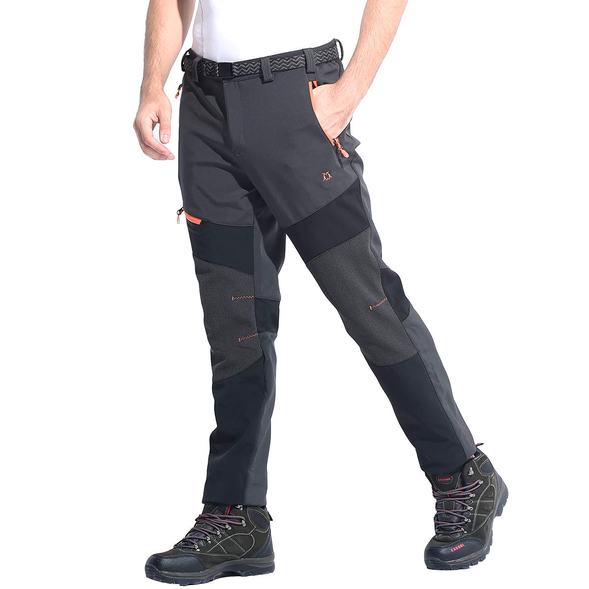 TREKEK Men's Soft Shell Outdoor Hiking Pants Winter Warm Waterproof Fleece Hunting Snow Ski Pants, Gray, 32