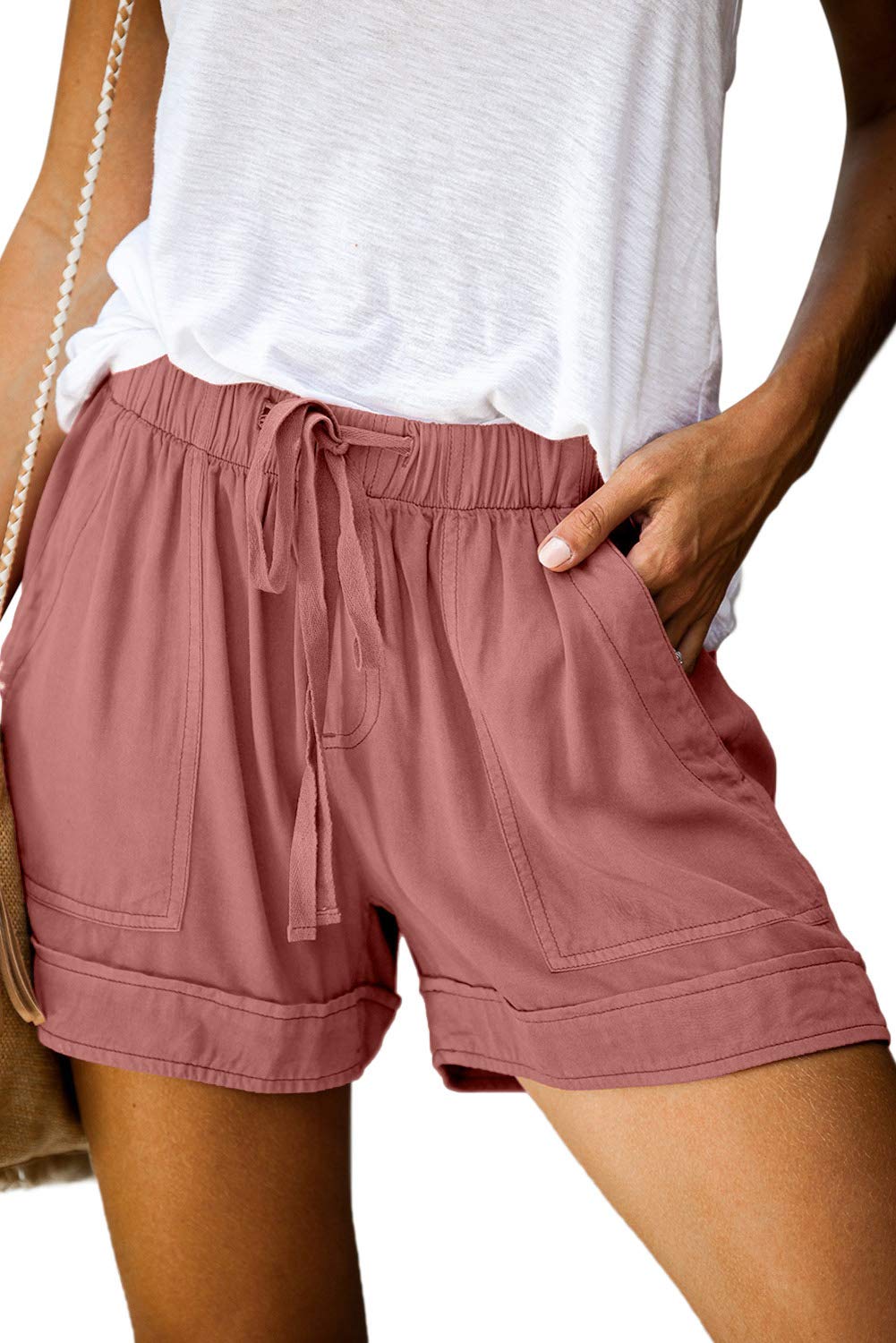 Womens Casual Drawstring Elastic Waist Shorts Comfy Summer Beach Short Pure Color Shorts with Pockets Pink X-Large