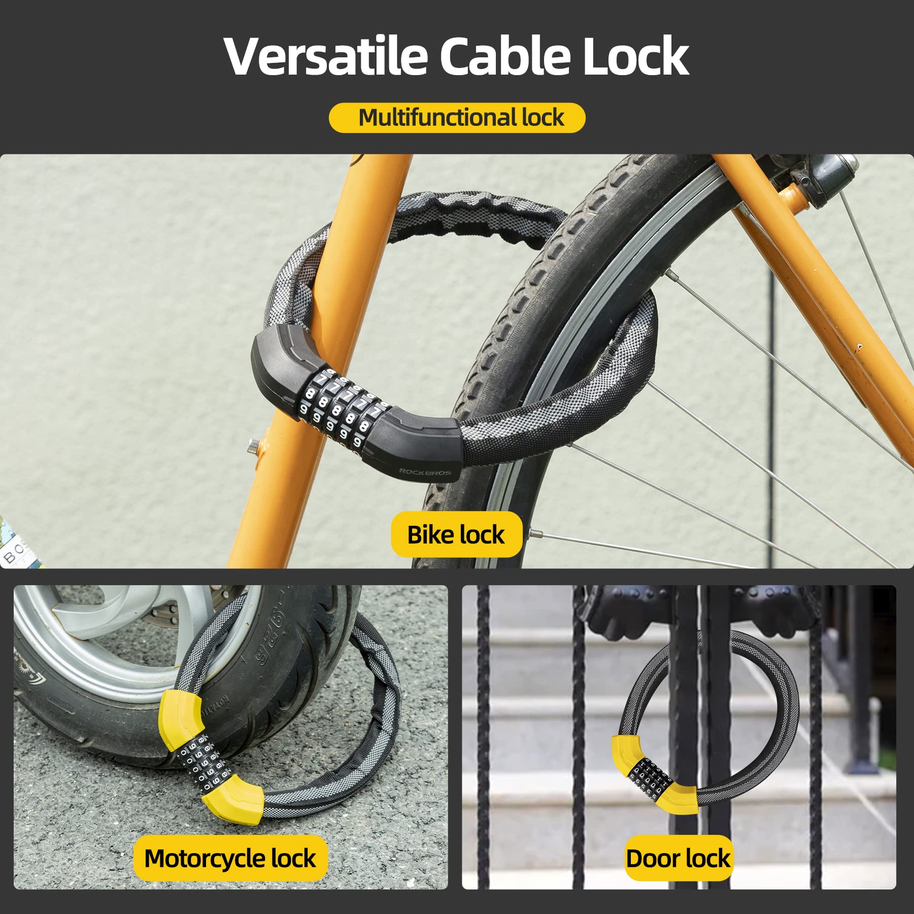 ROCKBROS Bike Lock Cable Combination Bike Cable Lock 5 Digits Resettable High Security Anti Theft Bicycle Lock Reflective Cloth Combo Bicycle Cable Lock Yellow
