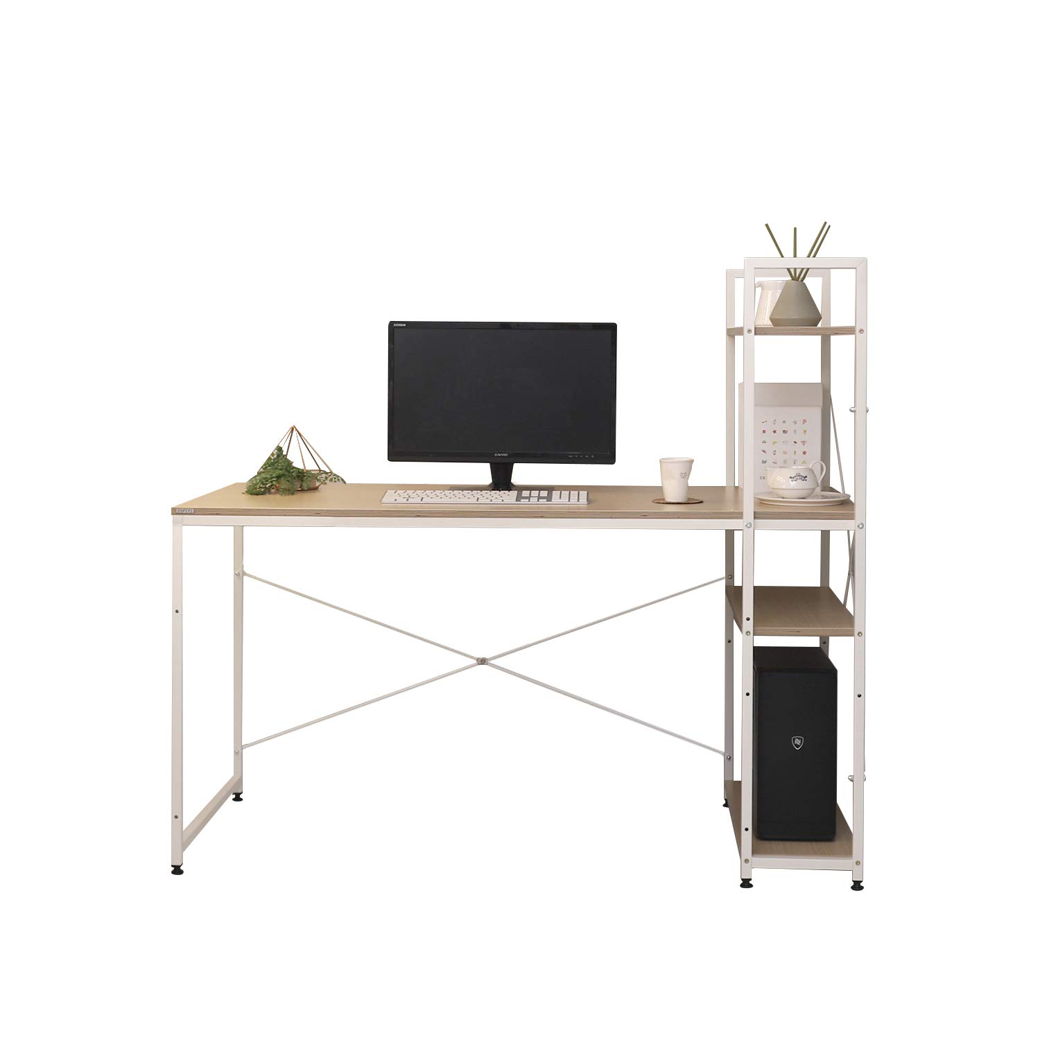 SOFSYS Alpha Series 55.1β Computer Desk with Bookshelf Storage, All-in-One Workstation with Long Table Working Surface, Multi-Tiered Shelving for Home Office or Gaming, Oak/White