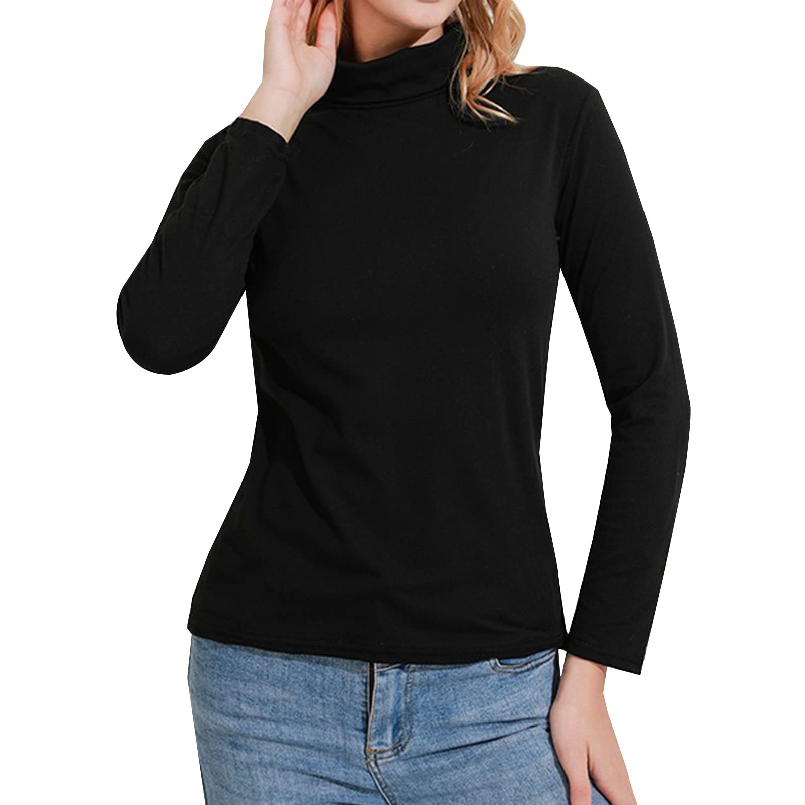 YUZIBAO Women's Long Sleeve Mock Turtleneck Tops Slim Fitted Basic Pullover Tee Tops Layer T Shirts (Black,L)