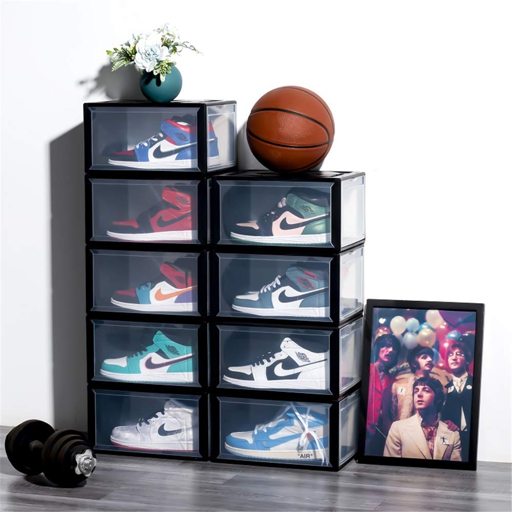 S-JIANG Shoe Boxes Clear Plastic Stackable, Drop Front Shoe Display Box Large Storage Containers Shoe Box Organizer for Sneaker Men Women (Black, 4 PACK)