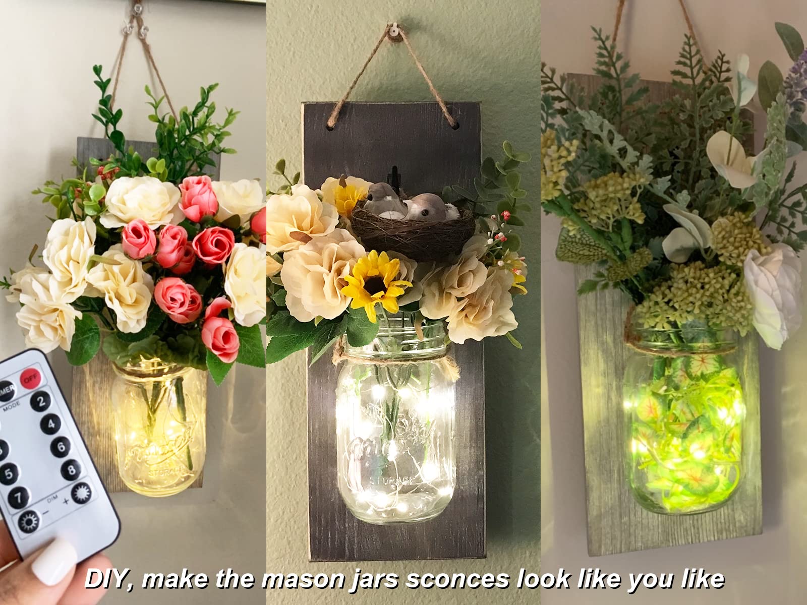 ZANSHI Rustic Sconces for Wall Decor- Black Mason Jar Wall Sconce Home Decor Clearance for Living Room Hanging Lights With Remote Control, Farmhouse Kitchen Bathroom Decor Mason Jar Wall Decor