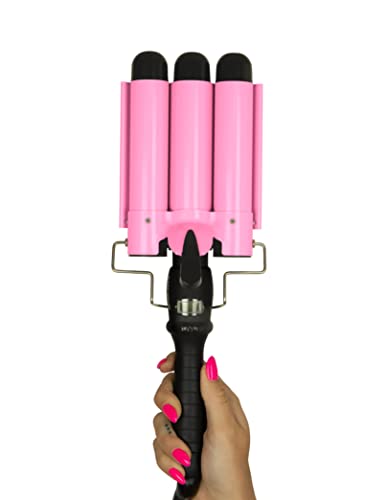 Trademark Beauty Babe Waves Jumbo -Three Barrel Hair Waver, Curling Iron, 1.25 Inch, Quick Heat, Adjustable Temperature Hair Curler - Pink