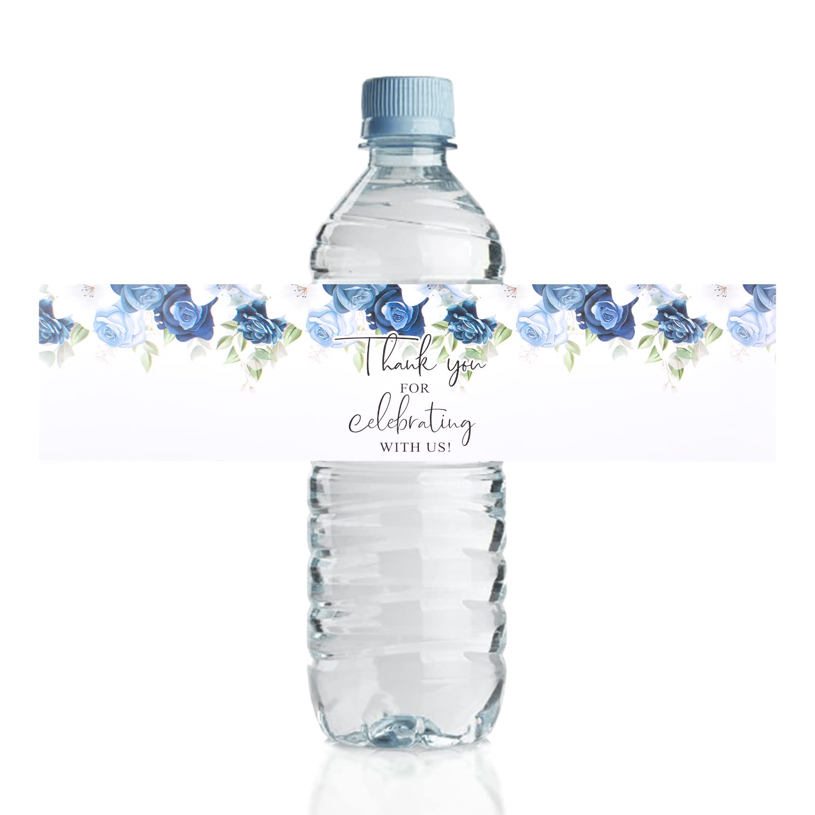 URROMA Wedding Water Bottle Labels, 50 Pcs Thank You White and Blue Rose Water Bottle Wraps Water Bottle Stickers for Birthday Baby Shower