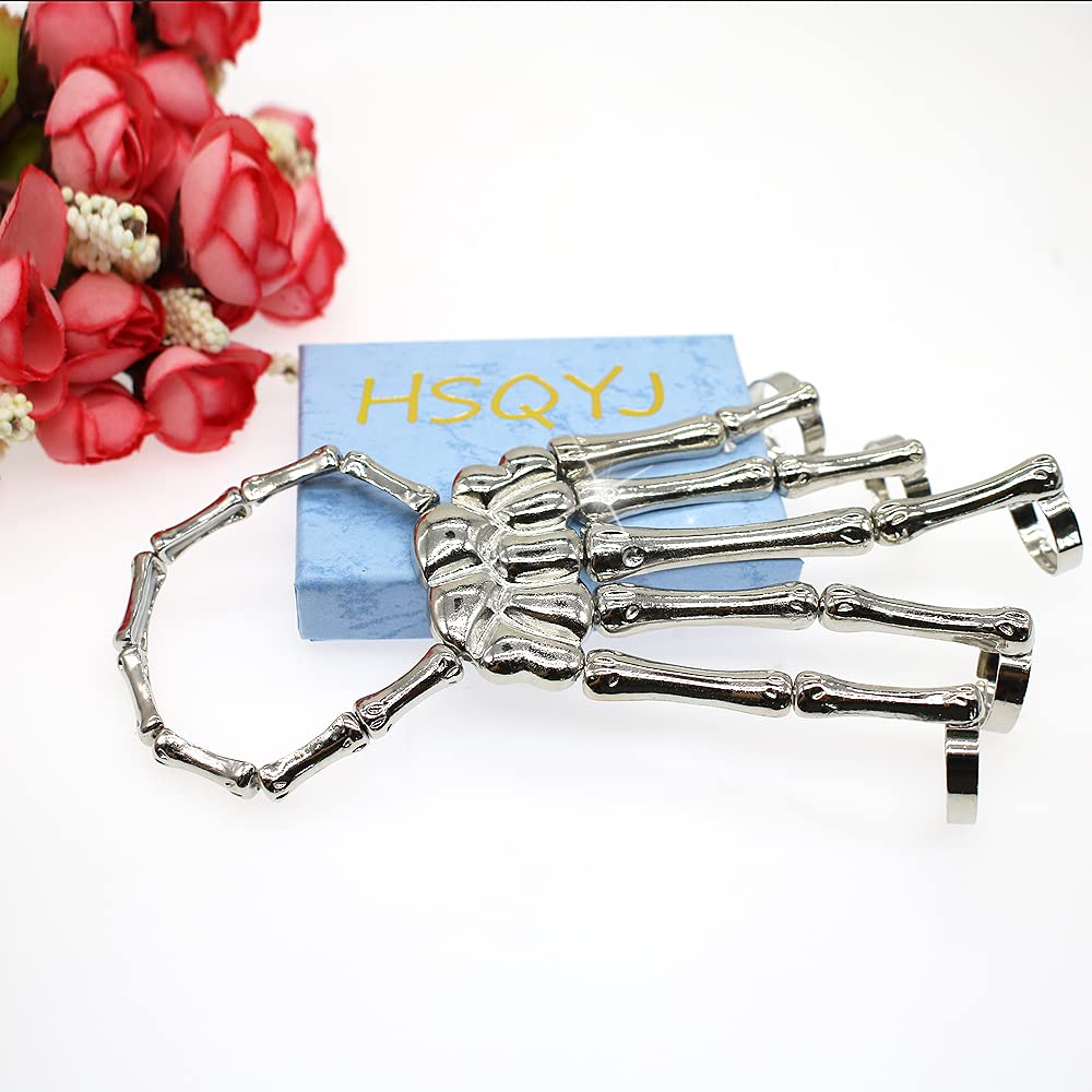 Unique Exaggerate Style Skull Finger Hand Bone Bracelet Punk Handmade Halloween Metal Skeleton Bangle Horror Halloween Goth Ghost Claw Jewelry Ornaments for Women (Antique silver)