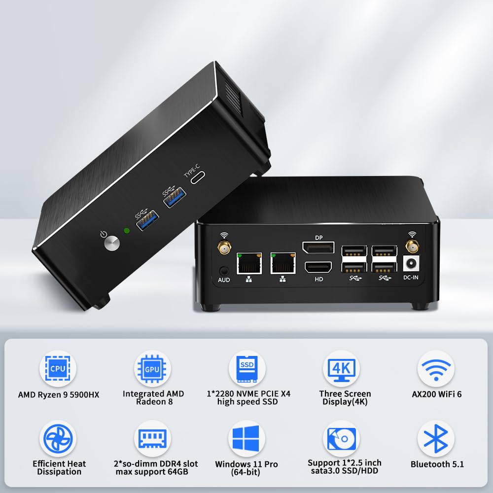 Thdeukoty Mini PC AMD Ryzen 9 5900HX Windows 11 Pro, Desktop Computer 16G DDR4 RAM 256G NVME SSD, USB3.0, DP/HDMI/Type-C 4K@60Hz Triple Display, 2.5G+1G LAN, WiFi 6 Bluetooth 5.2