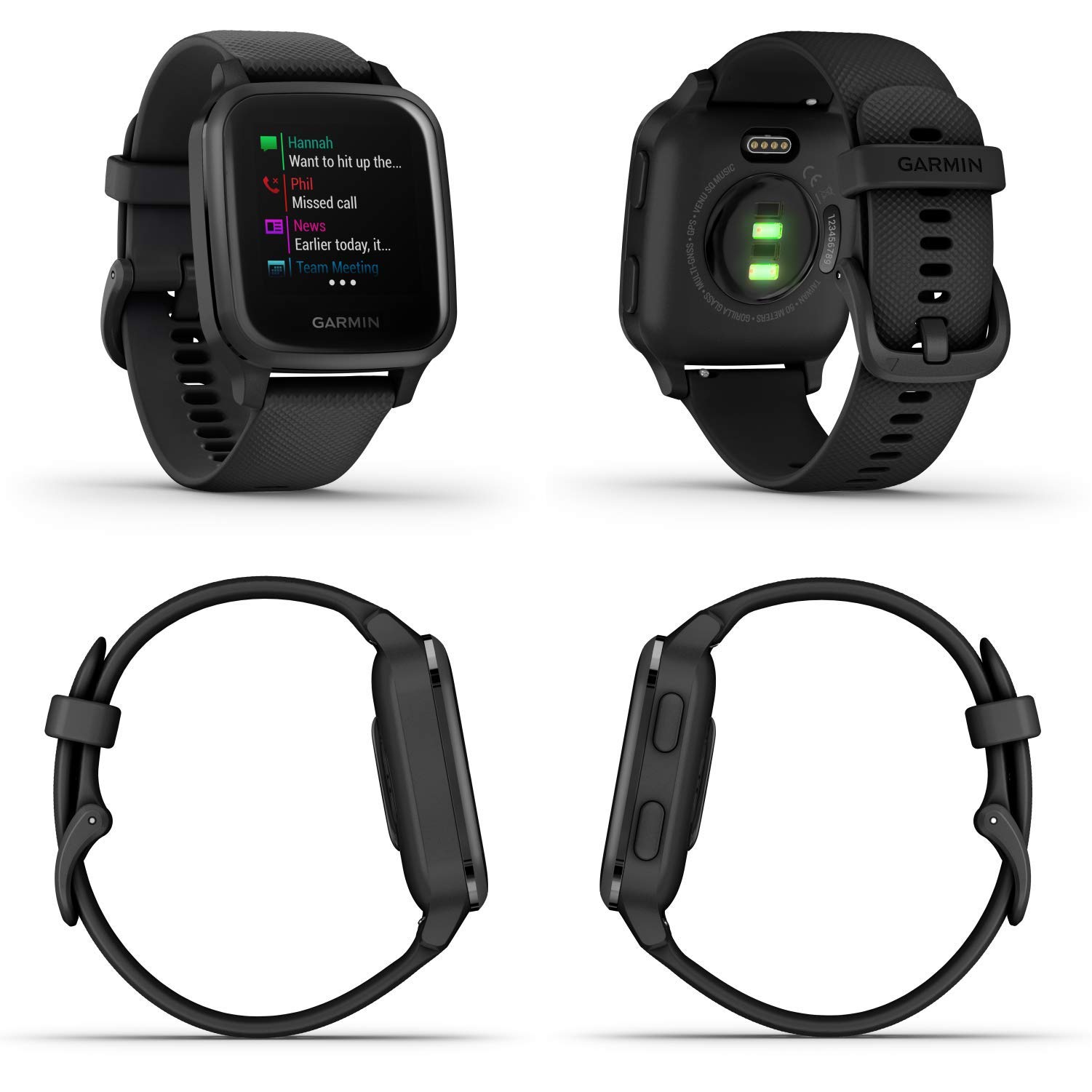 Wearable4U Garmin Venu Sq Music GPS Best Multisport Fitness Smartwatch Black/Slate Black Earbuds with Charging E-Bank Case Bundle