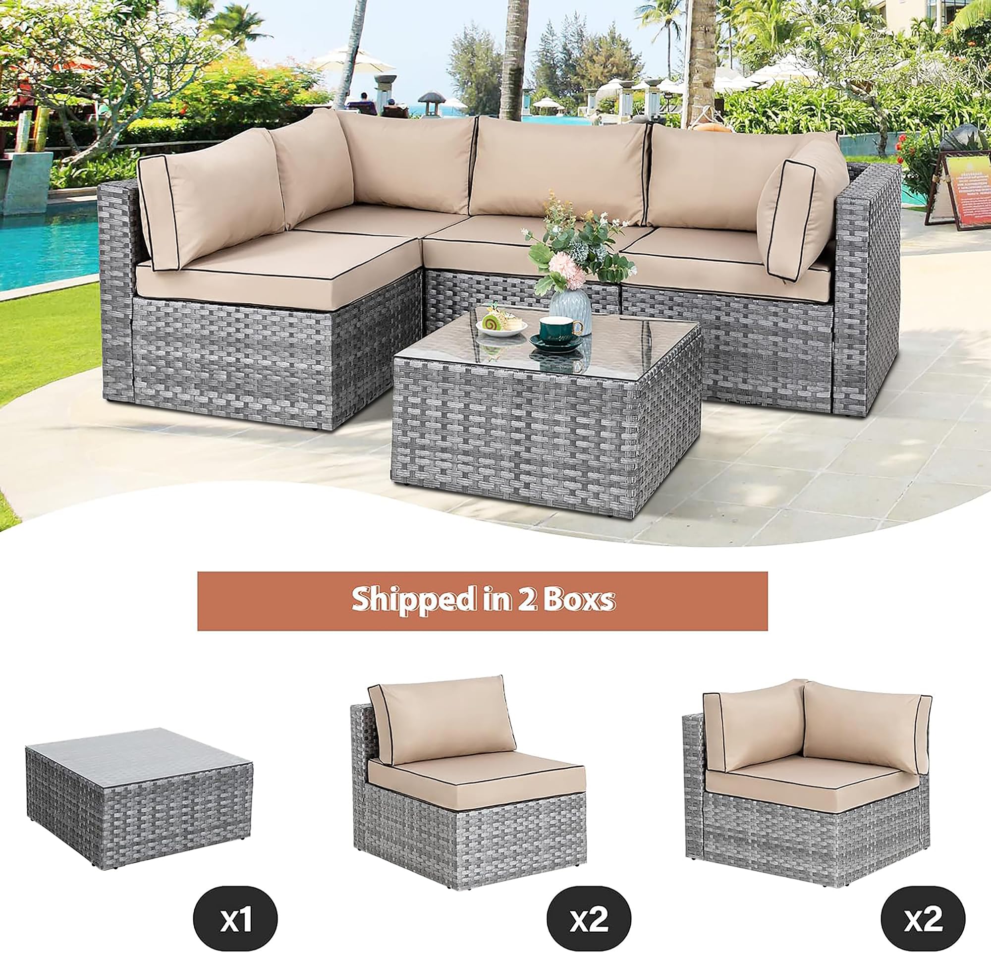 Walsunny Patio Furniture Set, 5 Pieces Outdoor Sectional Sofa Wicker Conversation Sets with Tea Table and Patio Couch Cushions(Khaki)