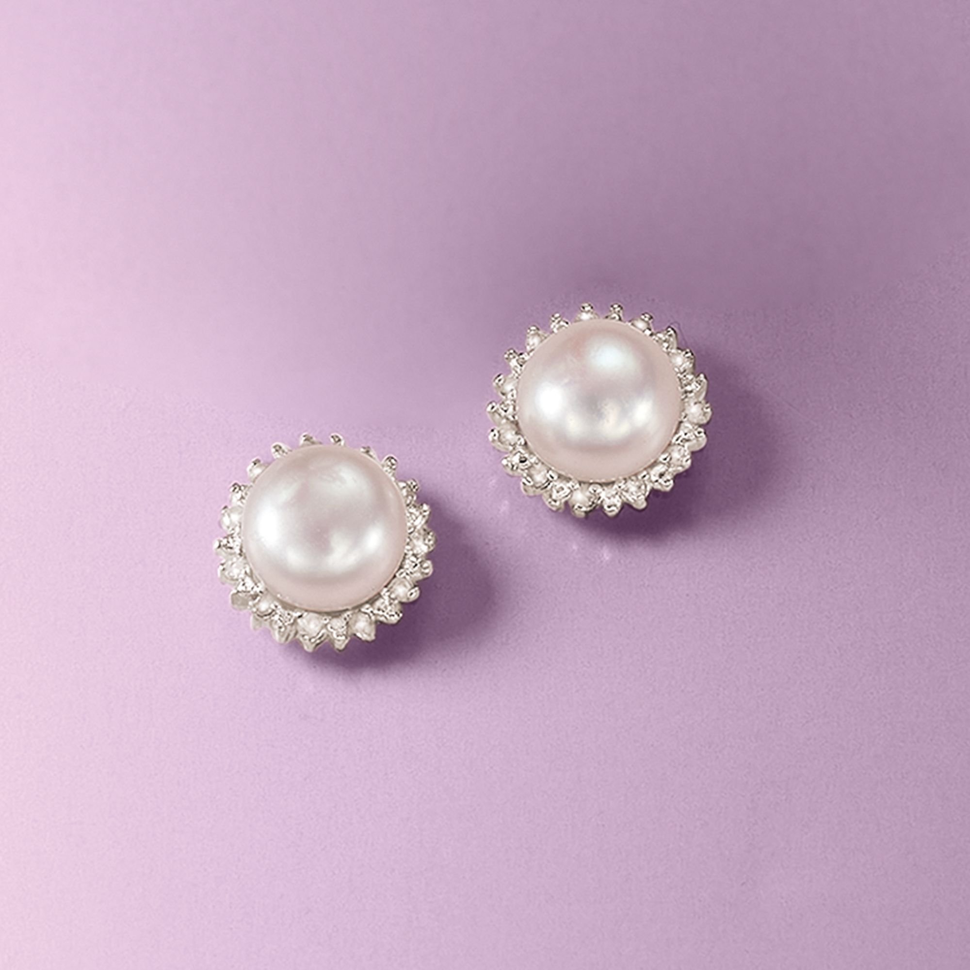 Ross-Simons 7-7.5mm Cultured Button Pearl and .13 ct. t.w. Diamond Stud Earrings in Sterling Silver