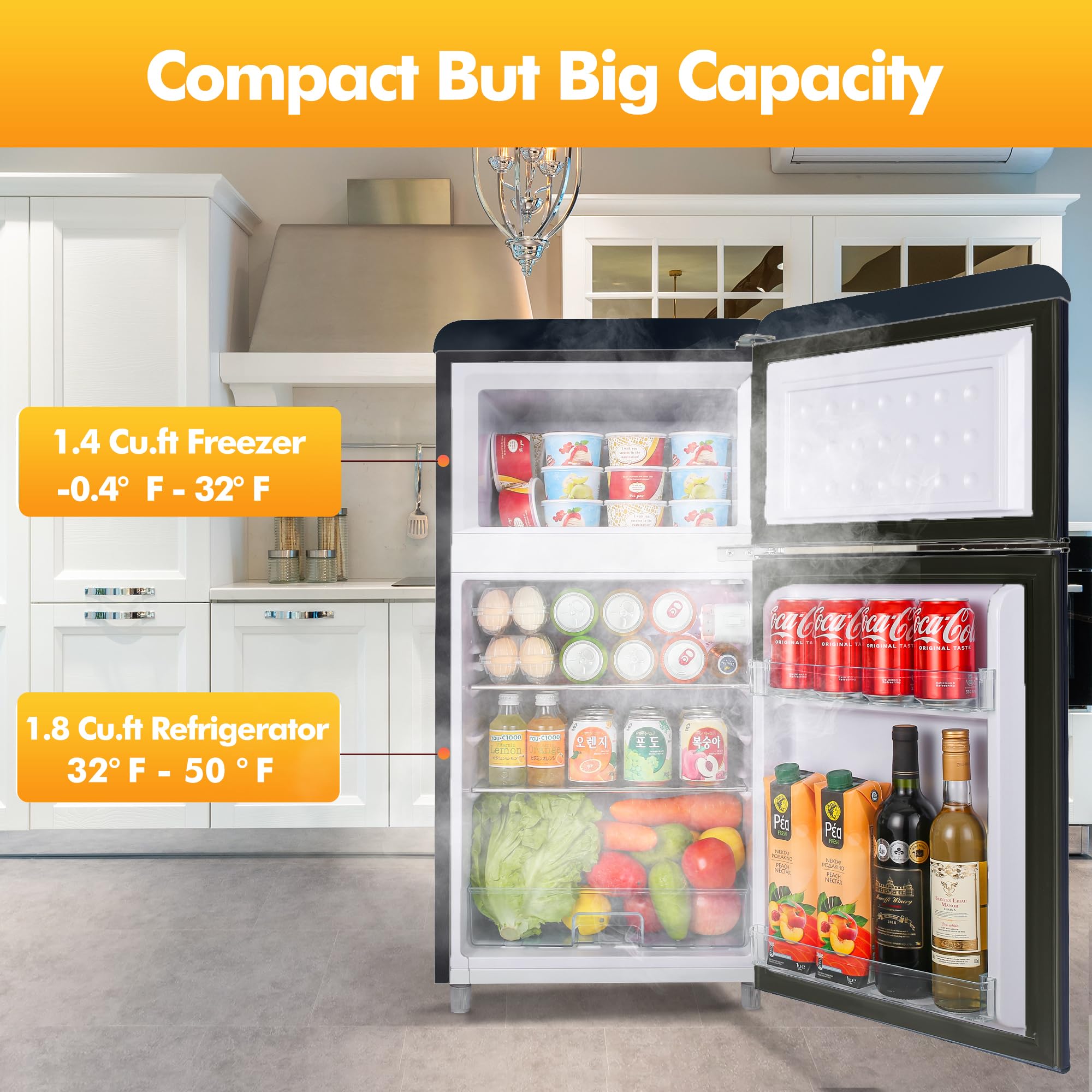 WANAI 3.2 Cu.Ft Mini Fridge Door Design Compact Refrigerator with Freezer,7 Level Adjustable Thermostat Removable Shelves Small Refrigerator for Office Dorm Apartment Black
