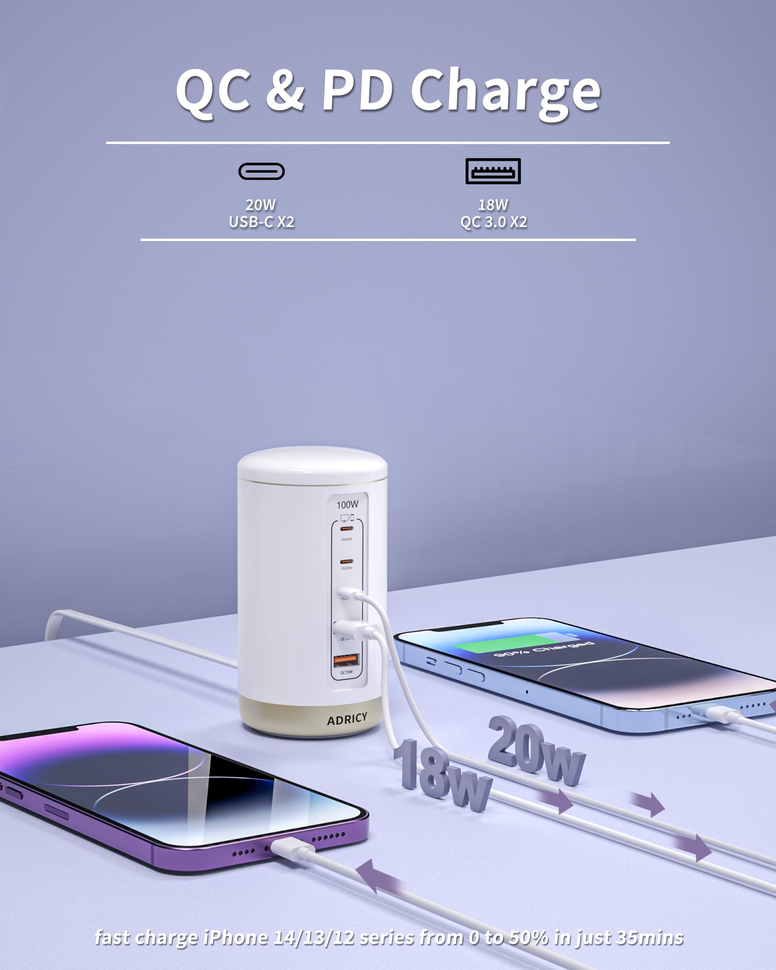 USB C Charger,100W USB Tower Charging Station for Multiple Devices,5 Port USB Charger Block for iPhone 15/15 Plus/15 Pro/15 Pro Max/MacBook Air Pro/Samsung/ipad(Gold)