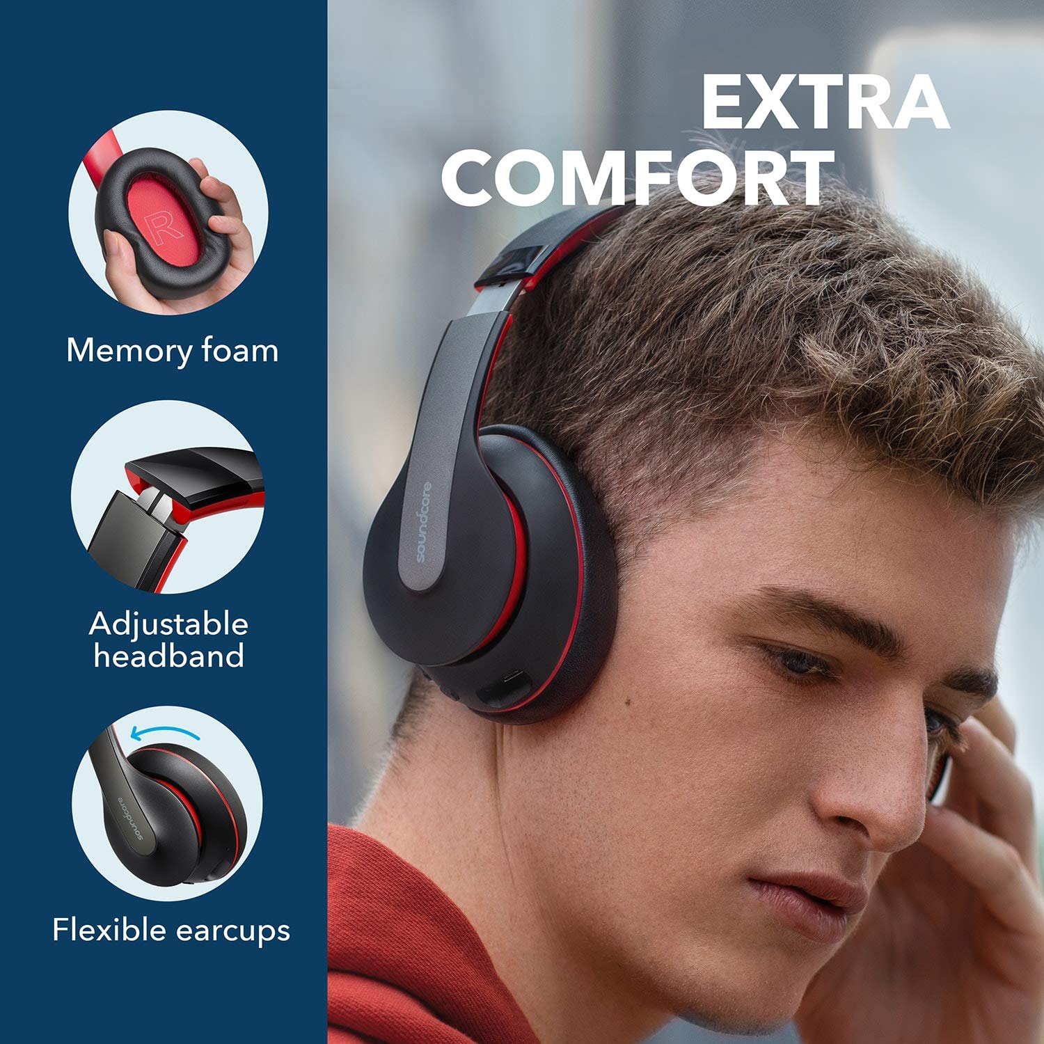 Soundcore Anker Life Q10 Wireless Bluetooth Headphones, Over Ear, Foldable, Hi-Res Certified Sound, 60-Hour Playtime, Fast USB-C Charging, Deep Bass, Aux Input, Online Class, Home Office (Black/Red)