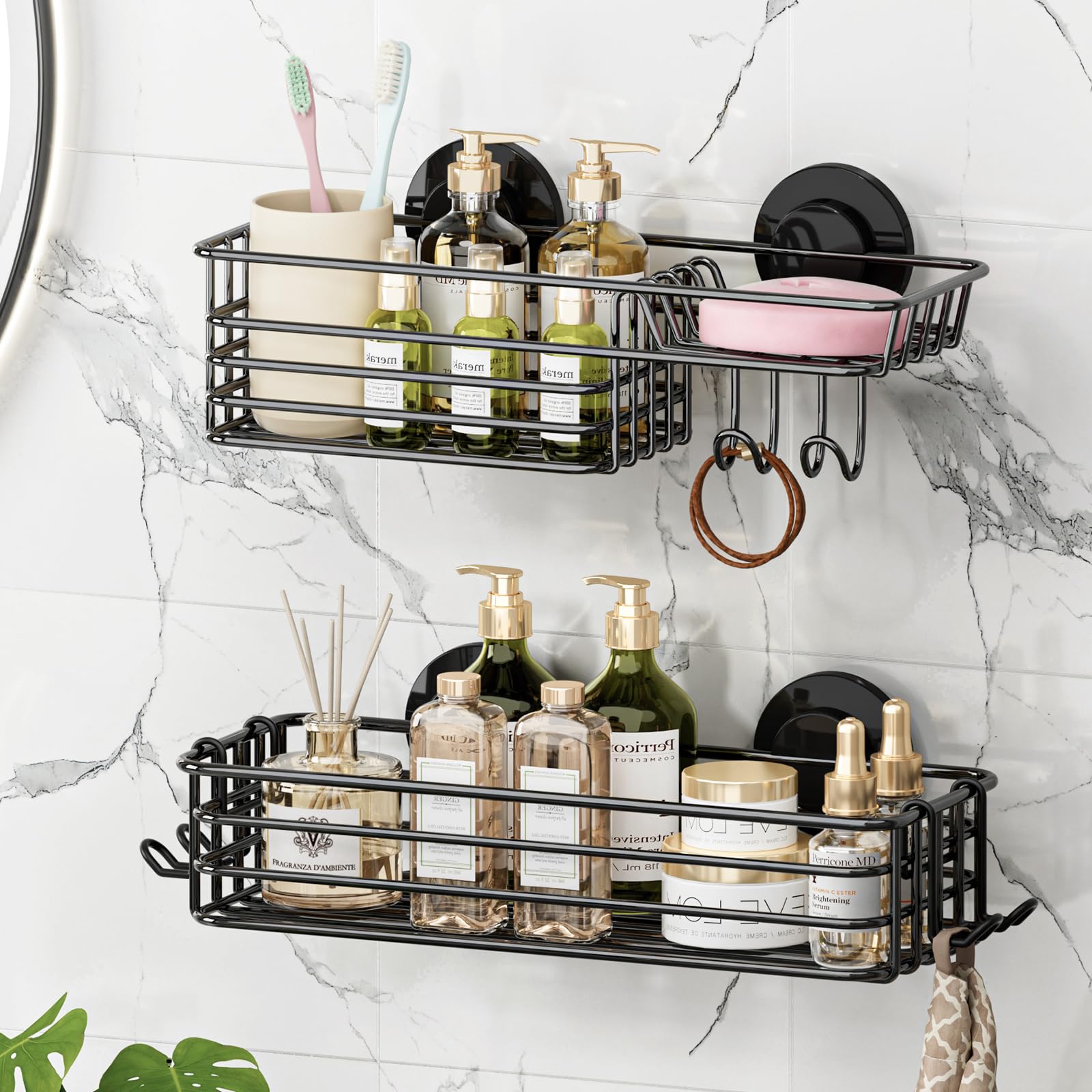 TAILI Shower Caddy Suction Cup 2 Pack with Hooks & Soap Holder, Heavy Duty Bathroom Shower Organizer, No Drilling Shower Shelves for Inside Shower, Stainless Steel Black Shower Holder Organizer