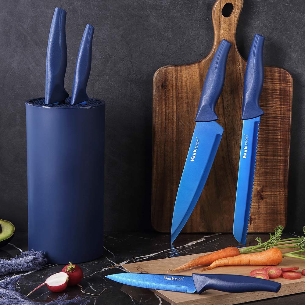 Wanbasion Navy Blue Kitchen Knives Block Set Professional, Stainless Steel Knife Set with Block, Knives Block Set with Knives Chef for Cooking