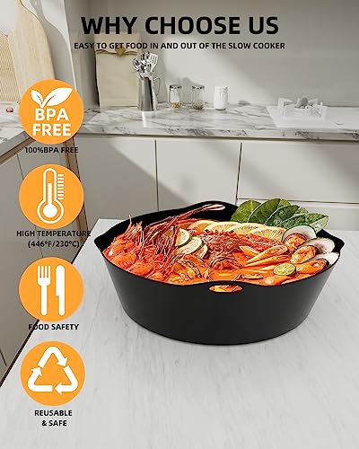Ziimlpo Silicone Slow Cooker Liners Divider for 7-8 Quart Oval Crockpot, Reusable and Leak-proof Slow Cooker Divider Liner, BPA Free (Black)