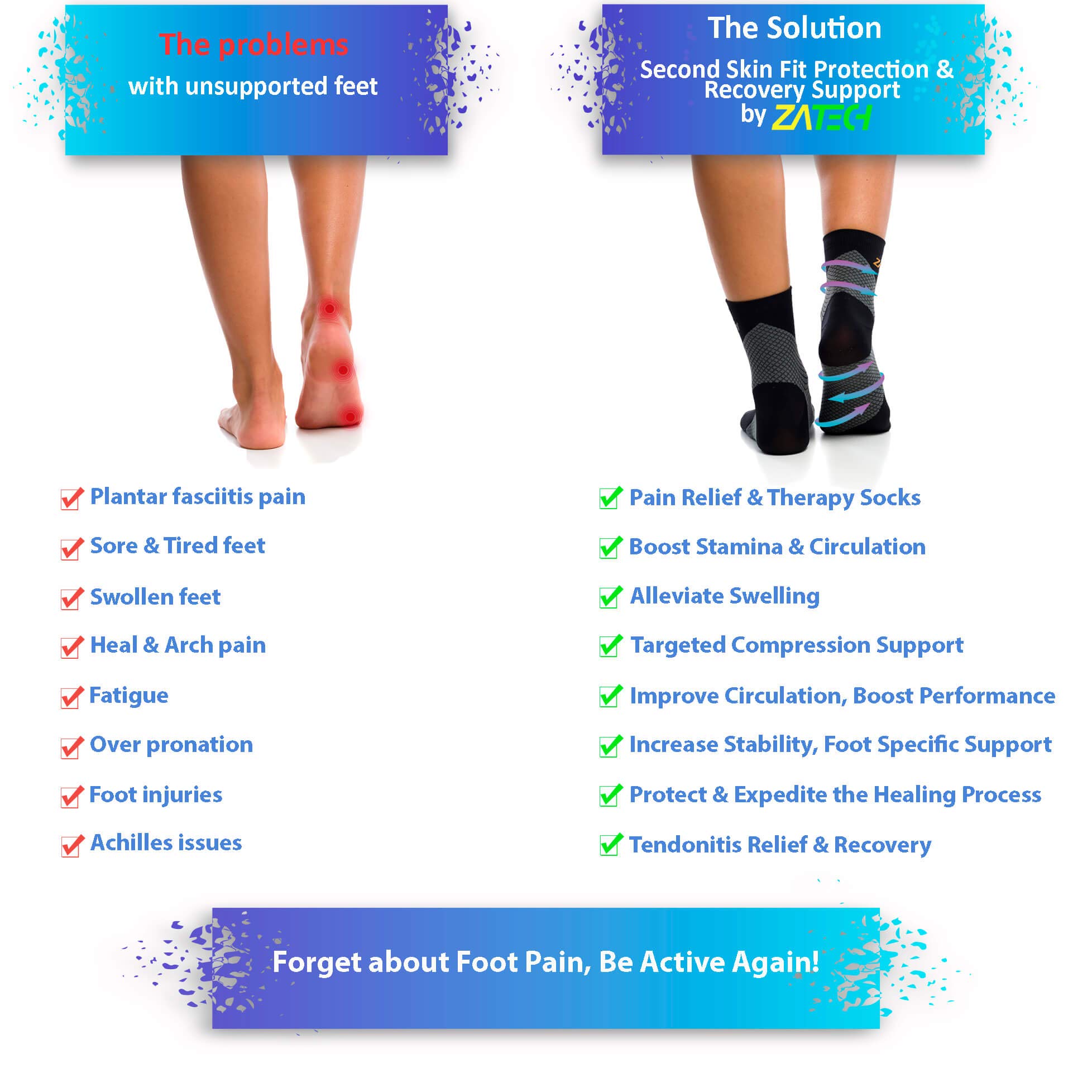 ZaTech Plantar Fasciitis Sock, Compression Socks - 2 pack (Black/Grey, 2 pairs, X-Large)