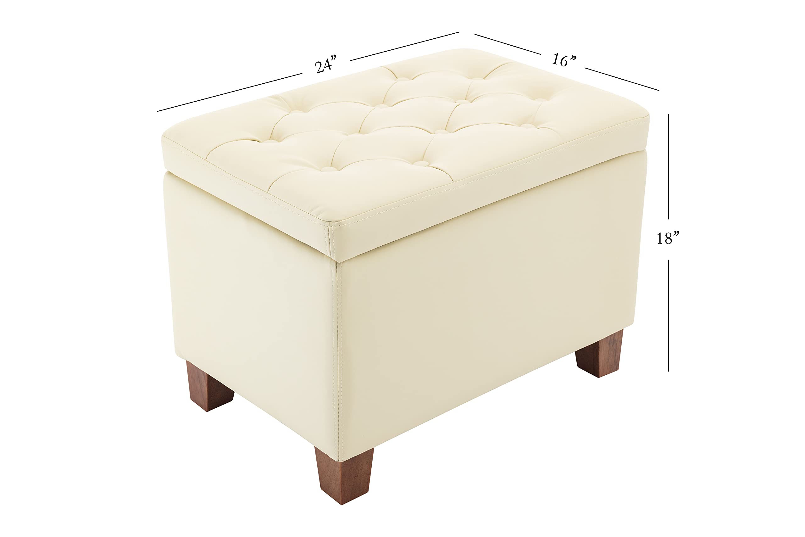 Wovenbyrd Classic 24-Inch Wide Rectangular Tufted Storage Ottoman Footstool with Hinged Lid, Cream Faux Leather