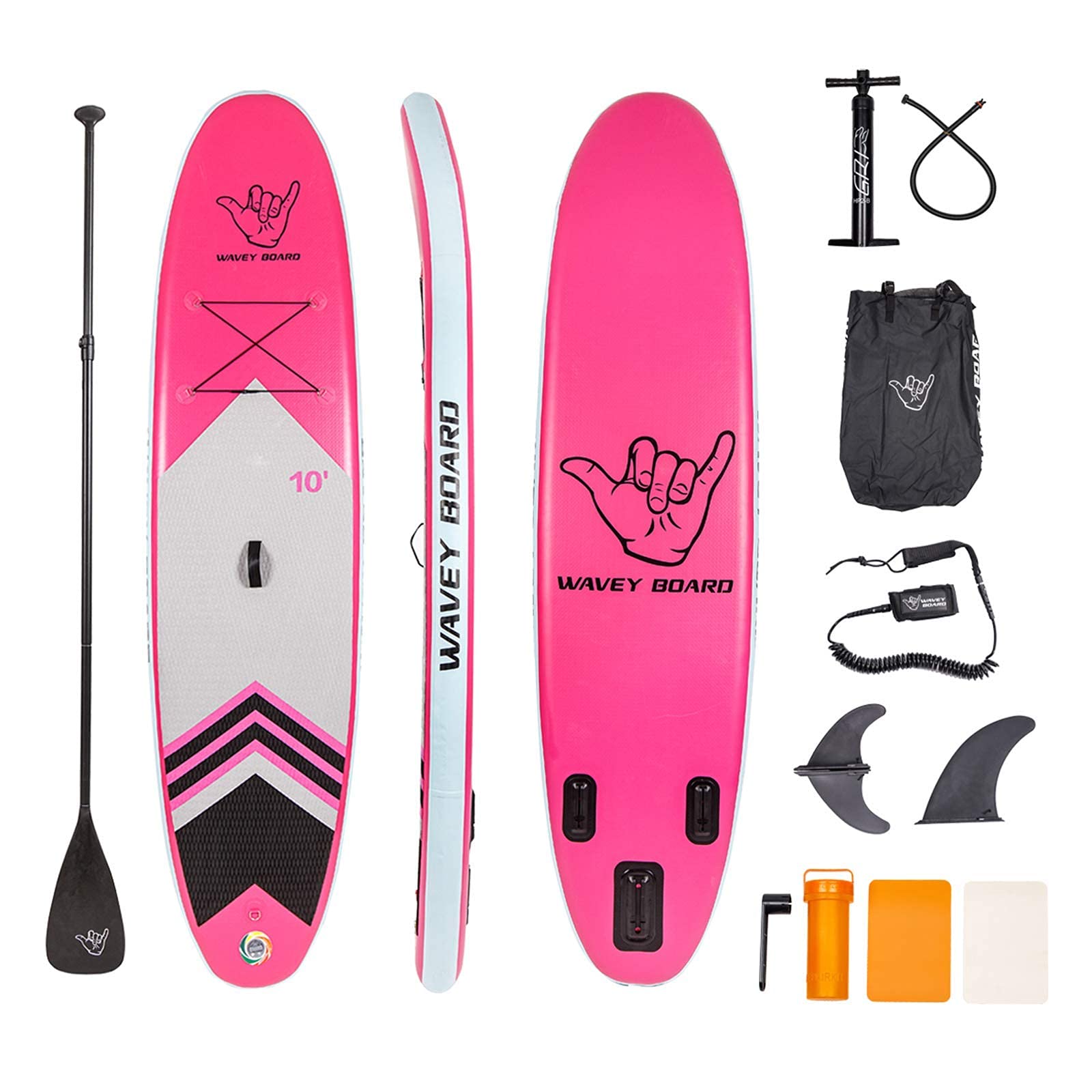 WAVEY BOARD Inflatable 10' Stand Up Paddle Board for Adult Premium SUP Blow up Paddle Board for Youth Kids (6" Thick) with ISUP Accessories Backpack Bag, Pump, Adjustable Paddle, Pink