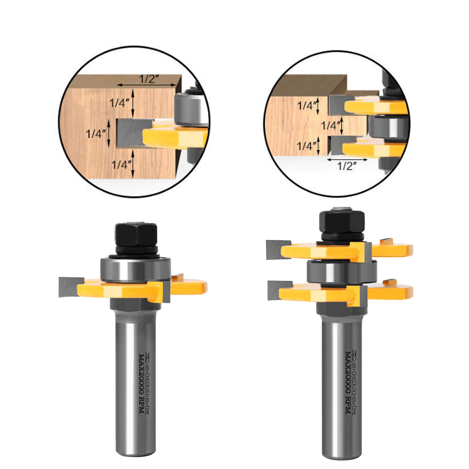Tongue and Groove Router Bits Set, ZOKMOK Plus 3 Teeth Adjustable T Shape Router Bits Set, 1/2'' Shank, 1/4'' Cutter