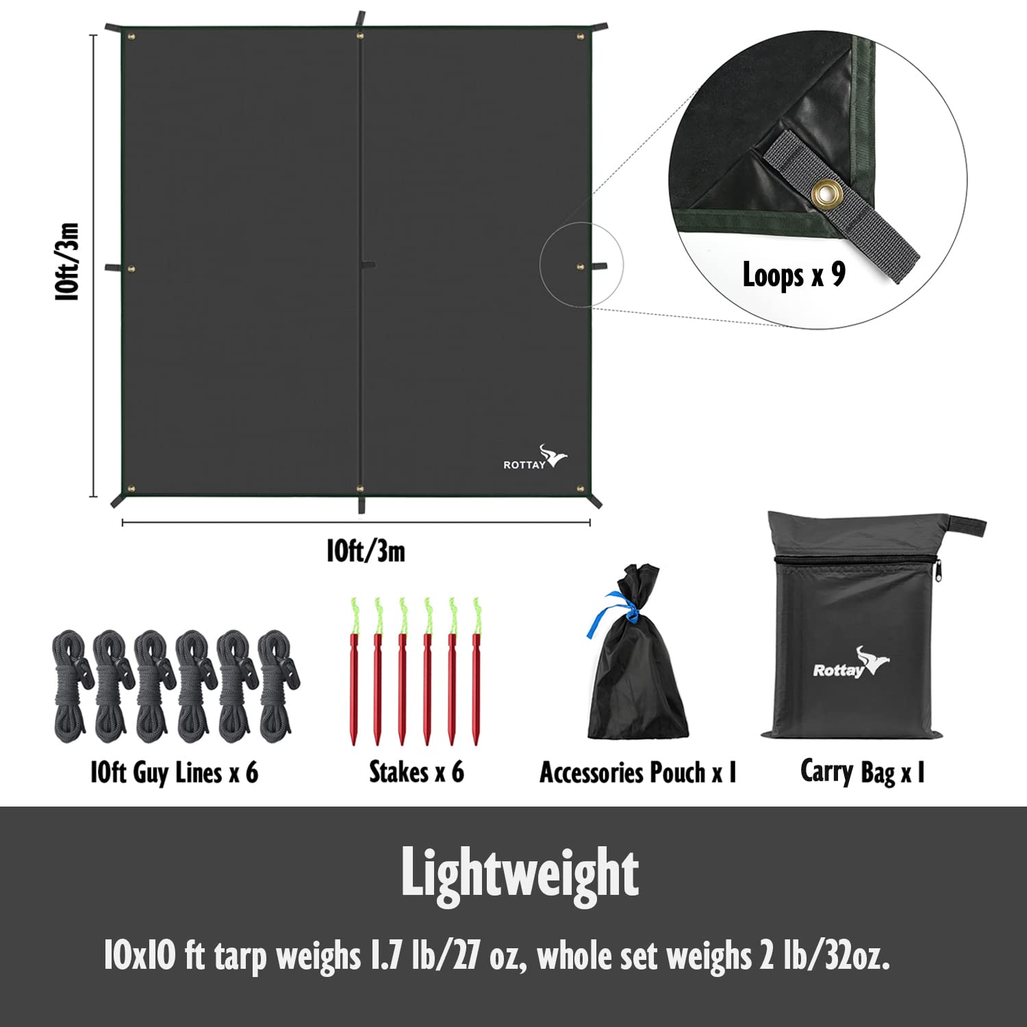 ROTTAY Waterproof Camping Tarp, Lightweight Hammock Rain Fly Sunshade, Tent Footprint Backpacking Tarp for Camping, Hiking and Outdoor Activities