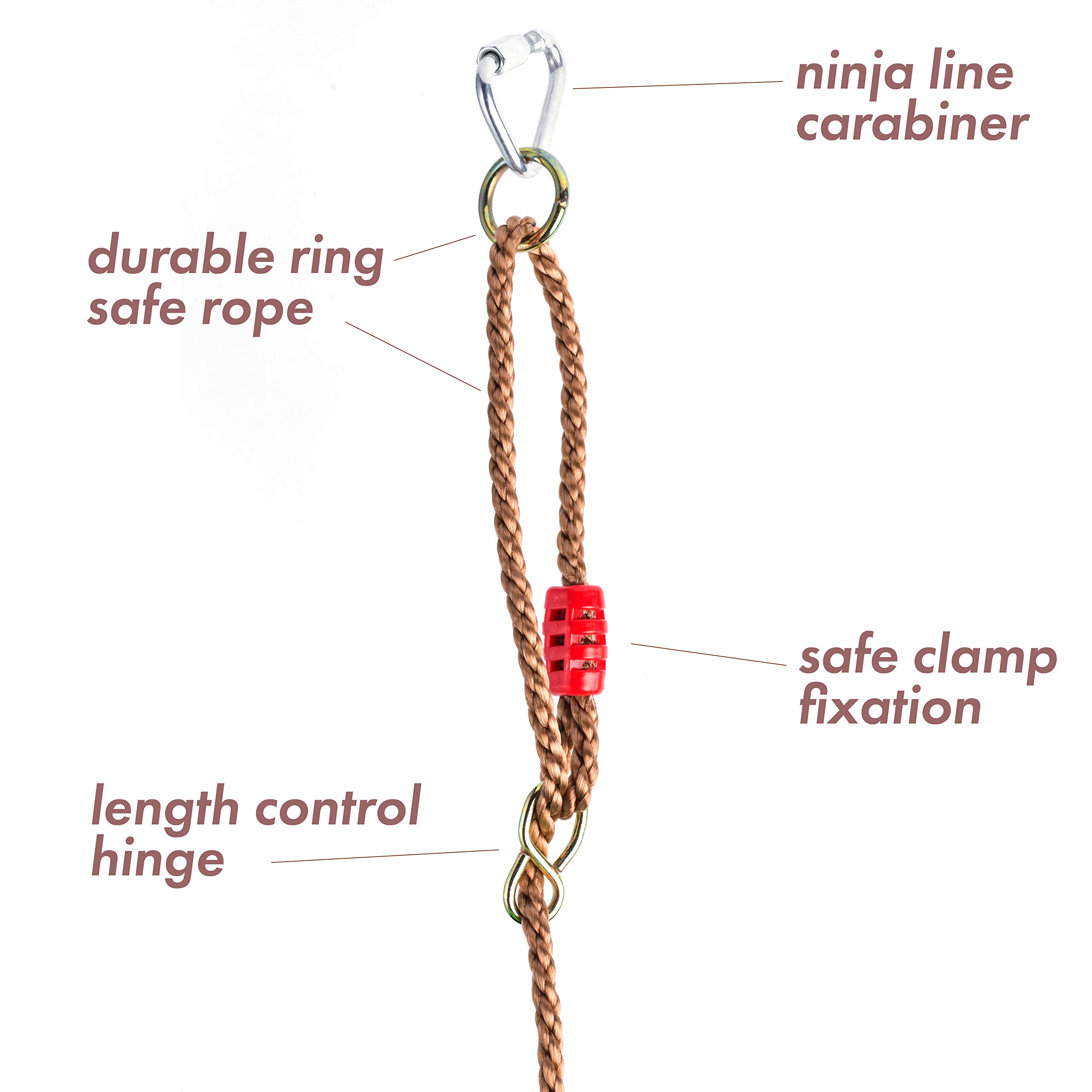 Swing seat Red for Kids and Adults with Length Control Hinge - 220lb Load - Ninja Slackline Ready - Triangle carabiners Included - Playground Swing Set Accessories Replacement