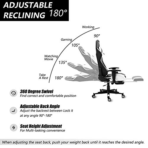 WeGuard Massage Gaming Chair Racing Office Computer Game Chair Swivel Ergonomic Executive PU Leather Chair with Adjustable Headrest and Lumbar and Support Retractable Footrest (White)