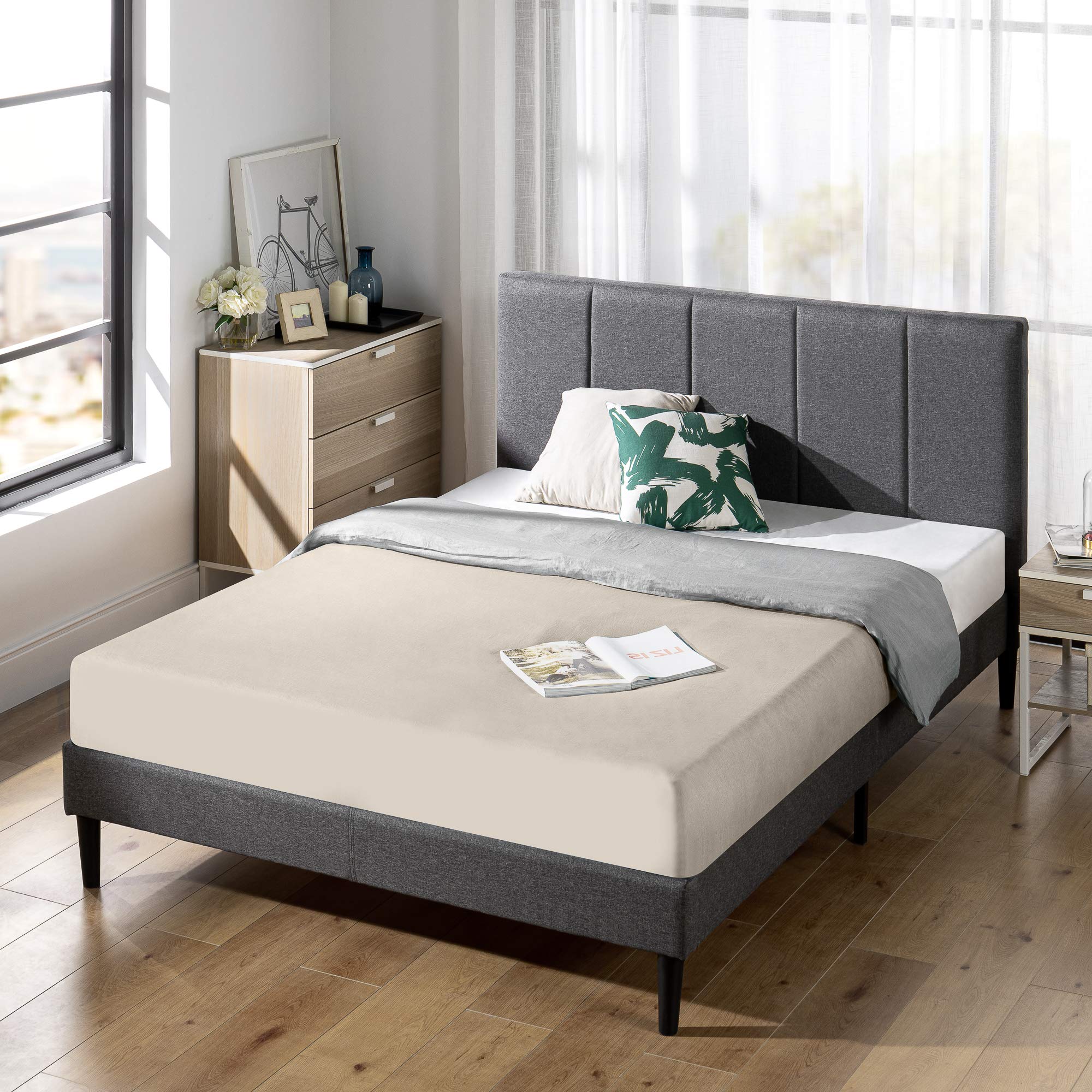 ZINUS Maddon Upholstered Platform Bed Frame / Mattress Foundation / Wood Slat Support / No Box Spring Needed / Easy Assembly, Grey, Queen