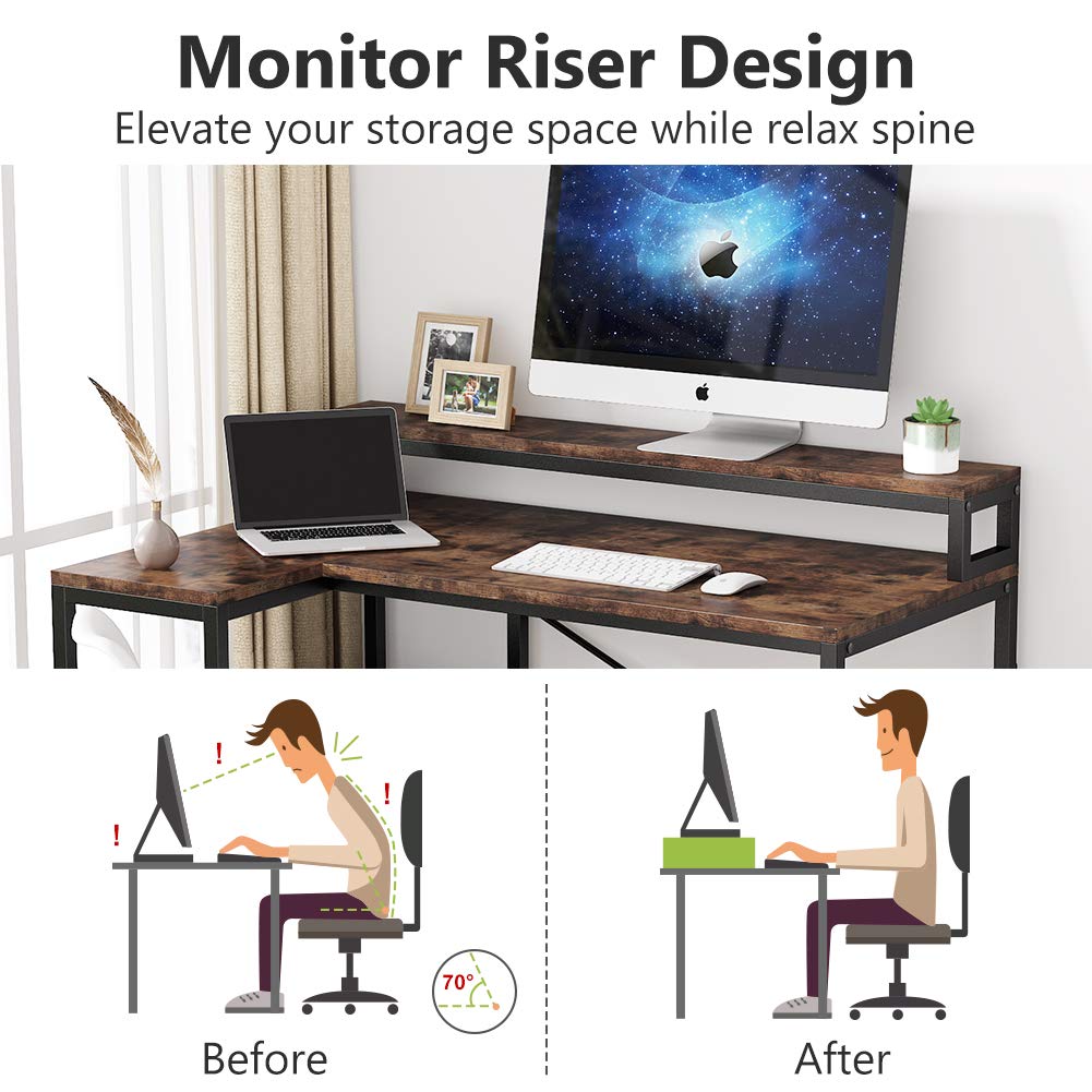 Tribesigns L Shaped Desk with Storage Shelves, Rustic Corner Desk Study Writing Workstation with Monitor Stand Riser for Home Office Small Space (Rustic Brown)