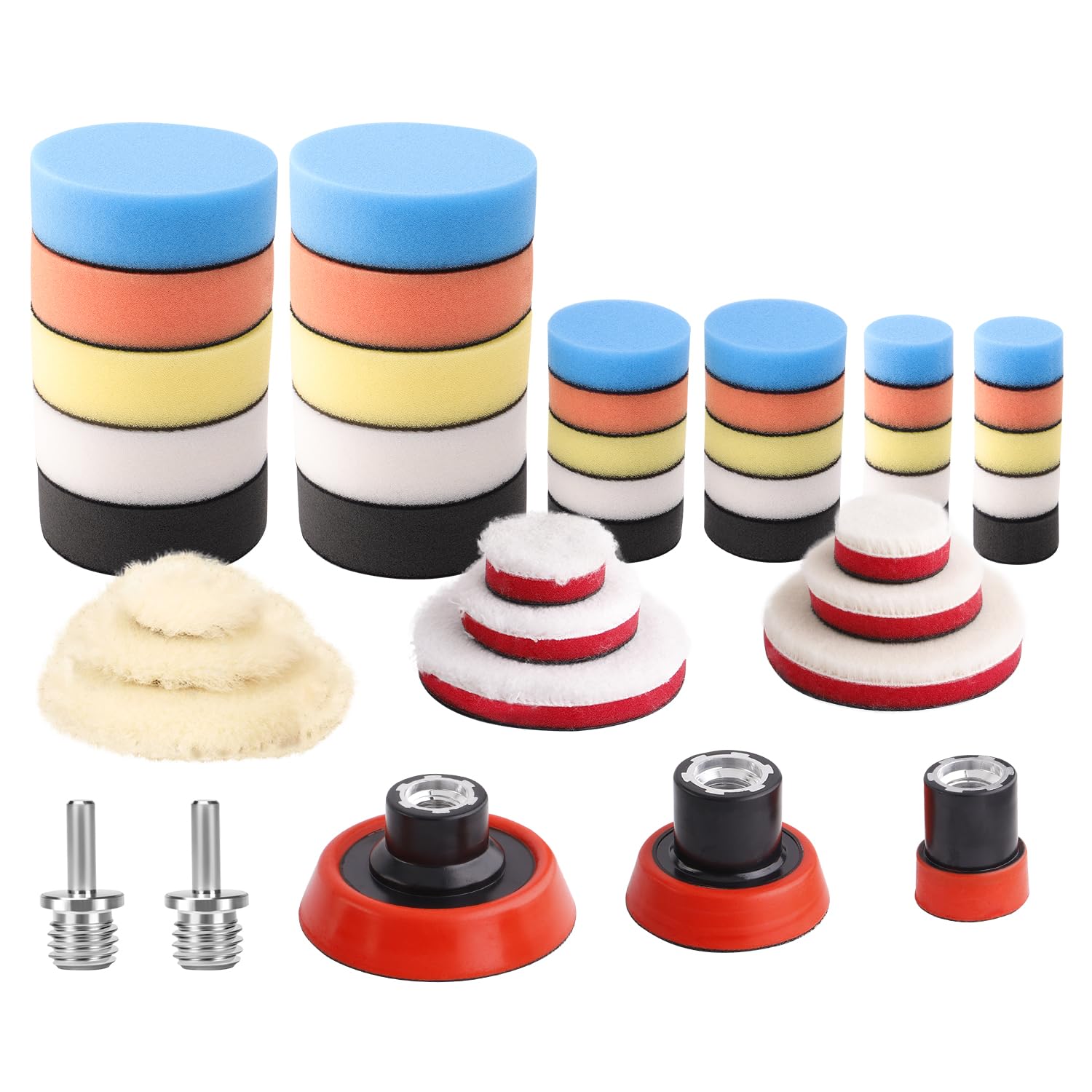 ZFE Car Foam Drill Polishing Pad Kit, 44Pcs 1inch 2inch 3inch Detail Polishing Buffing Pad Mix Size Car Detailing Kit with 5/8-11 Thread Backing pad & Adapters for Buffer Polisher Polishing, Buffing