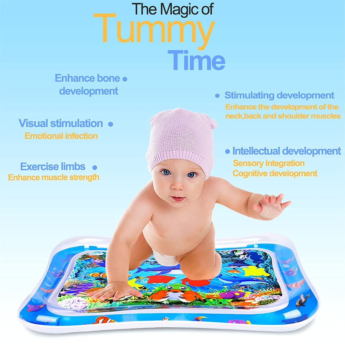 WSPER Tummy Time Water Mat Inflatable Baby Water Play mat for 3+ Months Newborn Girl & Boy Early Activity Center