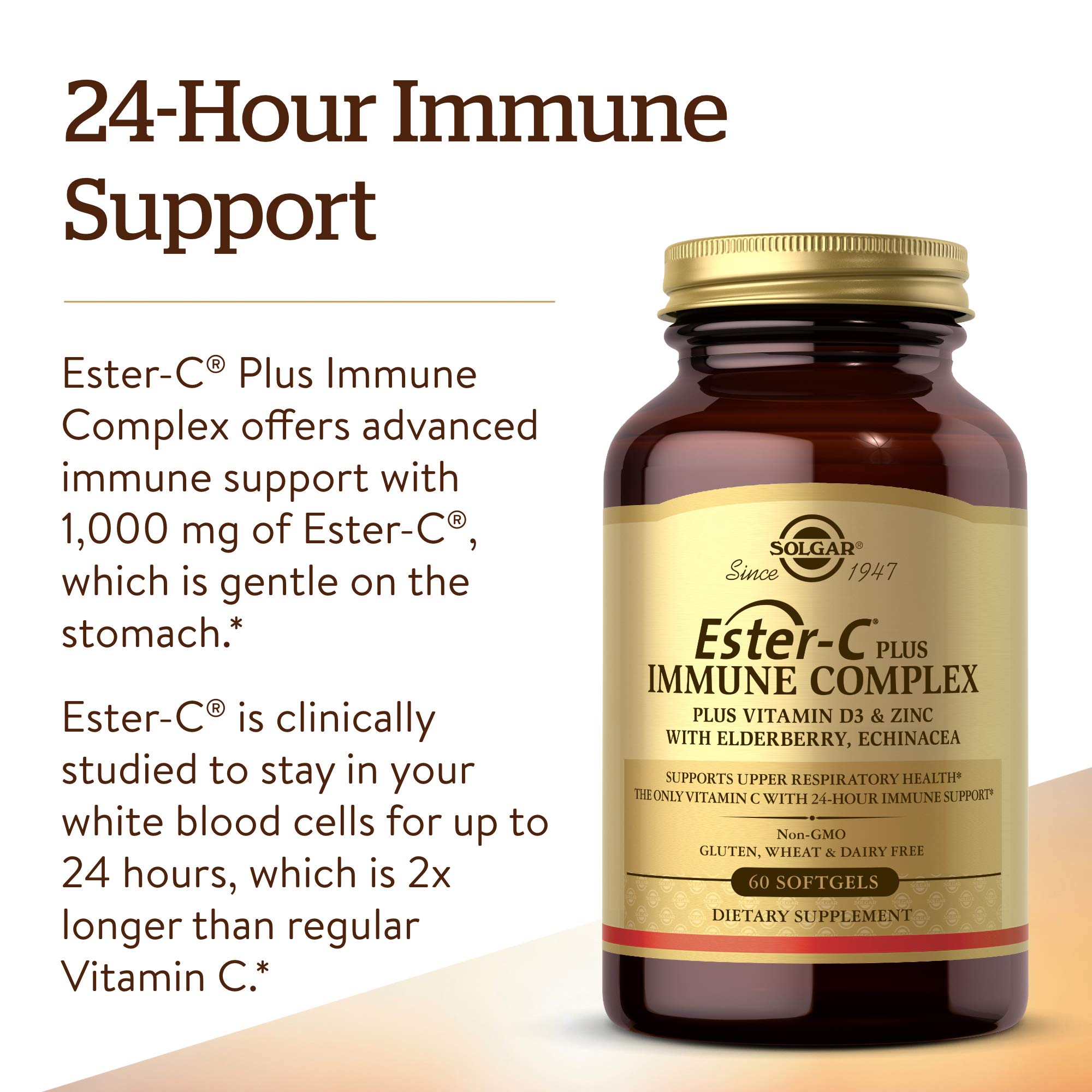 Solgar Ester-C Plus Immune Complex, 90 Softgels - 24-Hour Immune Support - Supports Upper Respiratory Health - Plus D3, Zinc, Elderberry & Echinacea - Non-GMO, Gluten Free, Dairy Free - 45 Servings