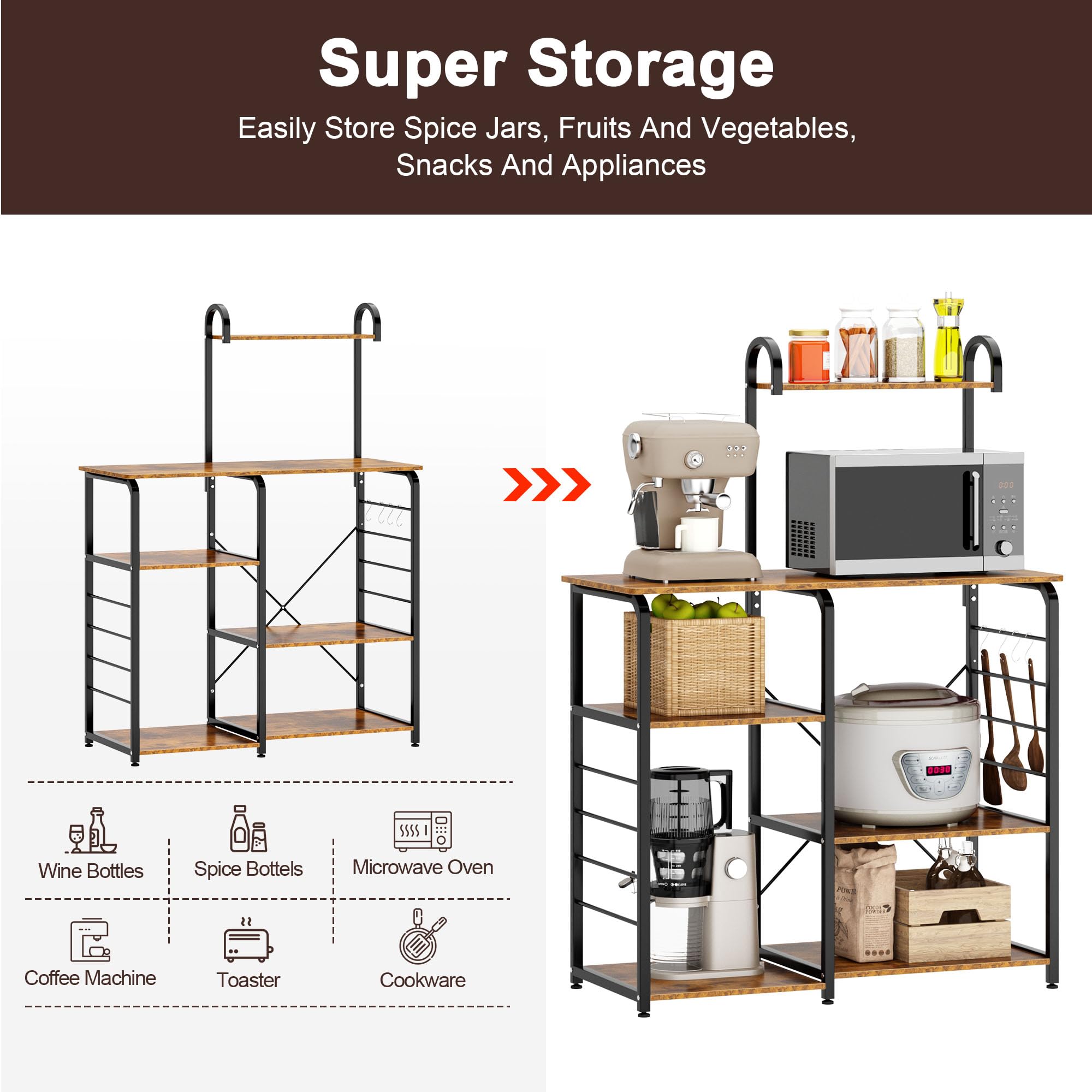 soges Microwave Cart Coffee Station, Kitchen Bakers Rack, Utility Microwave Oven Stand Storage Cart, Workstation Shelf, Rustic Brown 172-FG