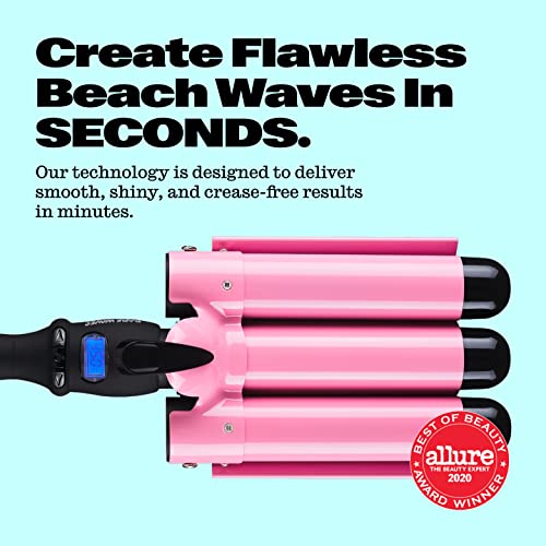 Trademark Beauty Babe Waves Jumbo -Three Barrel Hair Waver, Curling Iron, 1.25 Inch, Quick Heat, Adjustable Temperature Hair Curler - Pink