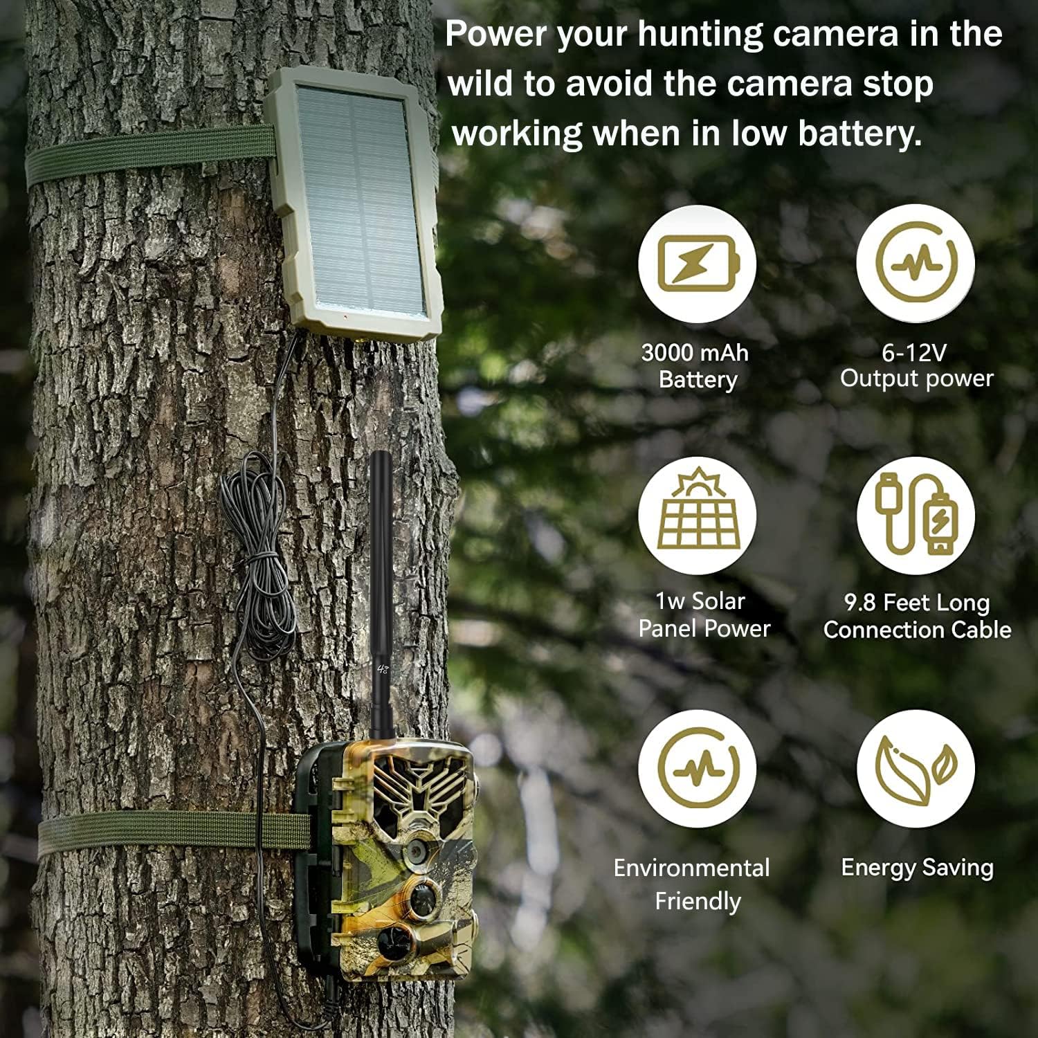 Trail Camera Solar Panel, SUNTEKCAM Solar Battery Charger Kit 12V/1A 6V/2A with Build-in 3000mAH Rechargeable Lithium Battery IP66 Waterproof Hunting Accessory