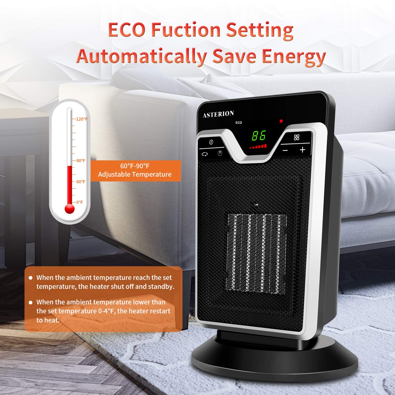 Space Heater for Indoor Use, ASTERION Portable Office Heater with Adjustable Thermostat, Ceramic Oscillating Heater with 24H Timer Remote Tip Over Overheating Protection for Home Bedroom, 1500W Black