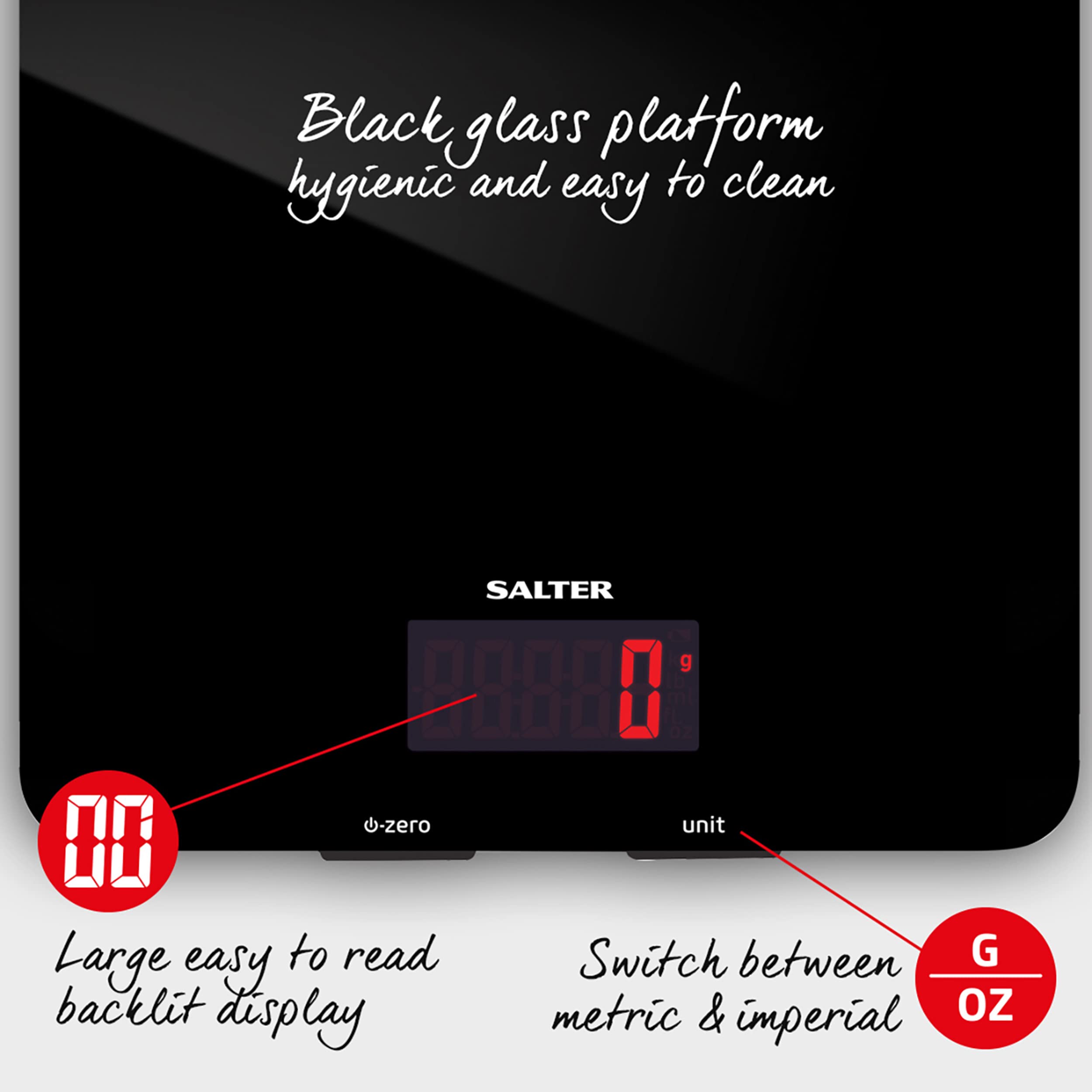 Salter Digital Platform Seen on TV, Stylish Glass Design, Electronic Cooking Scale for Home + Kitchen, Weigh Food 5kg + Liquids in ml and fl. Oz, 5 kg Capacity, Black