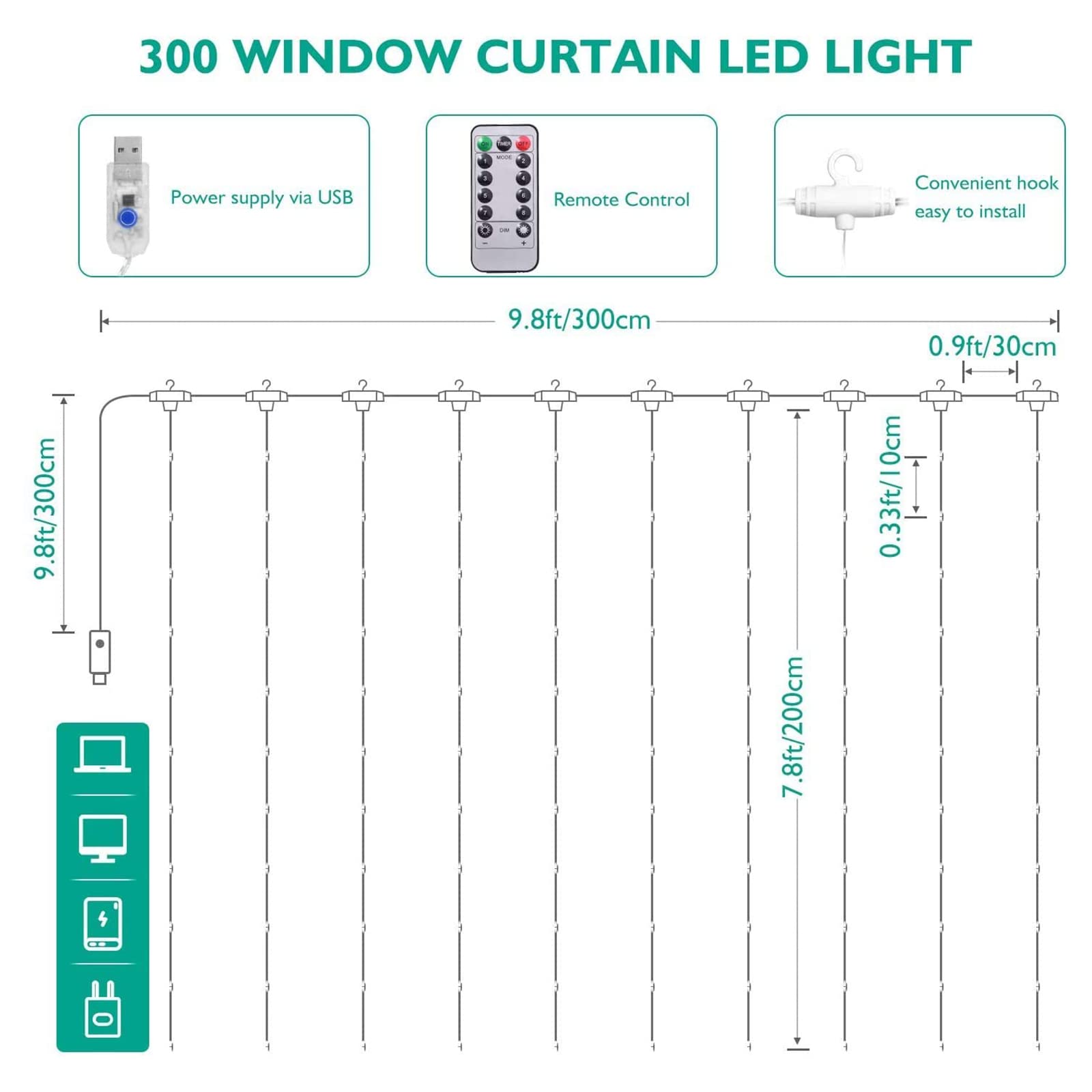 SUNNEST Curtain String Light Christmas 300 LED 8 Lighting Modes Fairy Lights Remote Control USB Powered Waterproof Lights